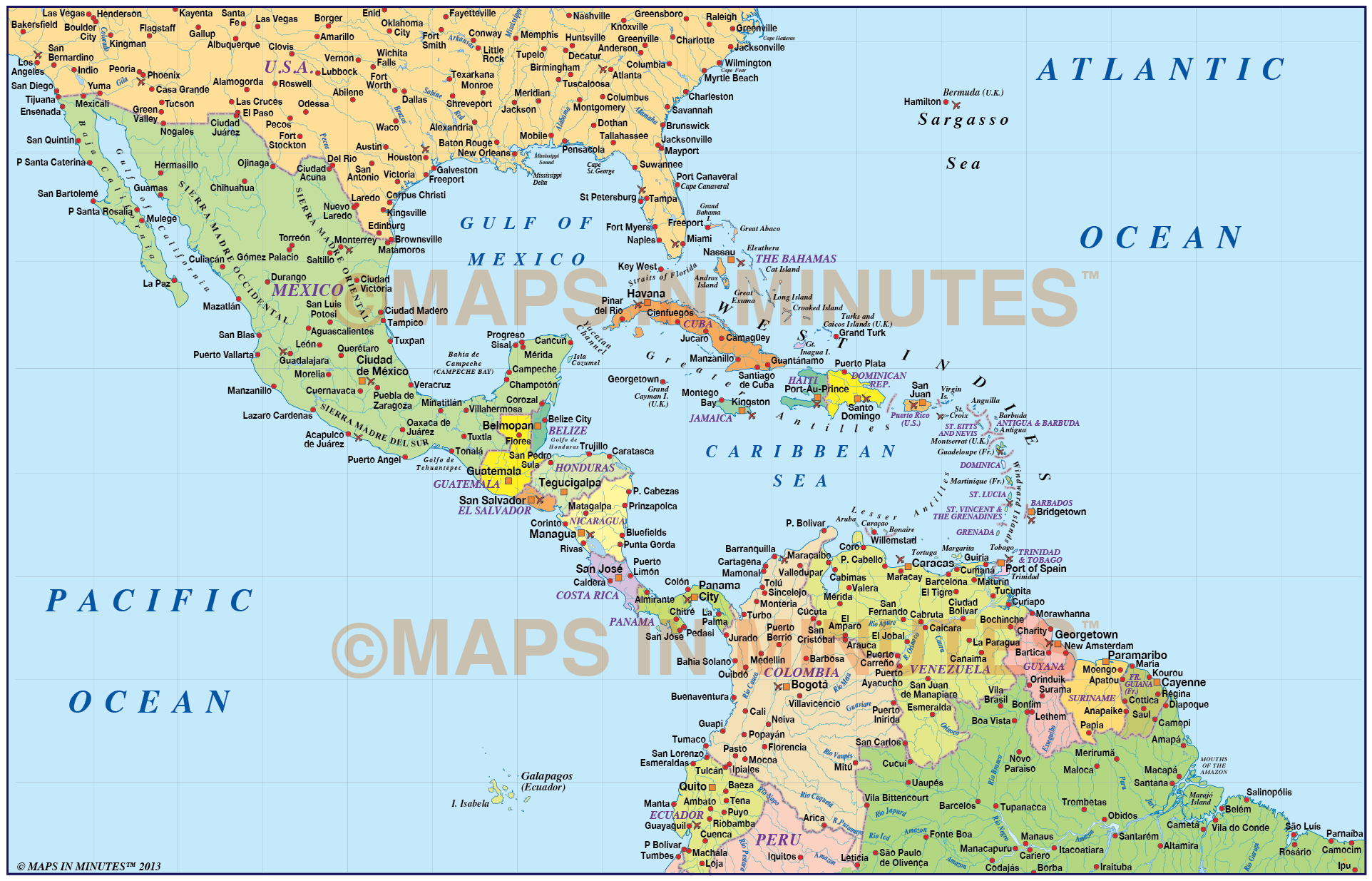 Central America & Caribbean Basic Political Map @10m scale in ...