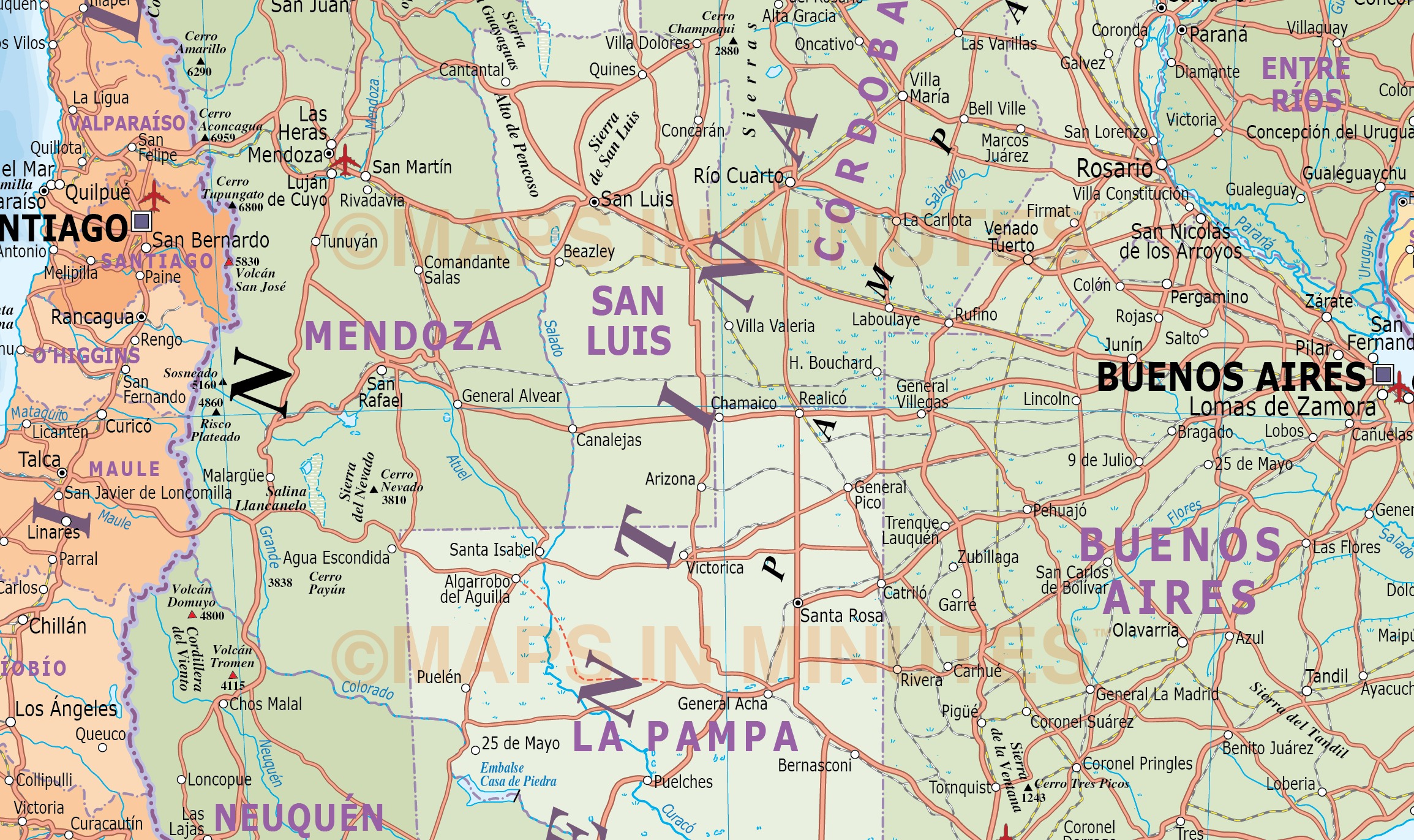 Digital vector Argentina Deluxe Political Road & Rail Map plus land and ...