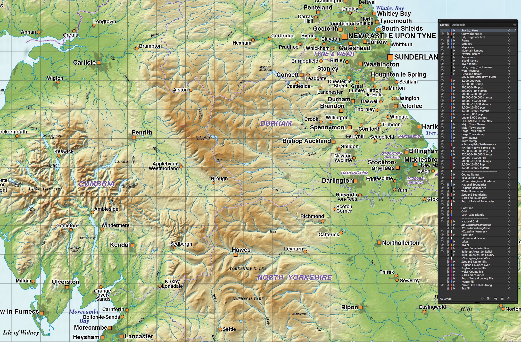 British Isles UK County map Illustrator AI, 1m scale with detailed ...