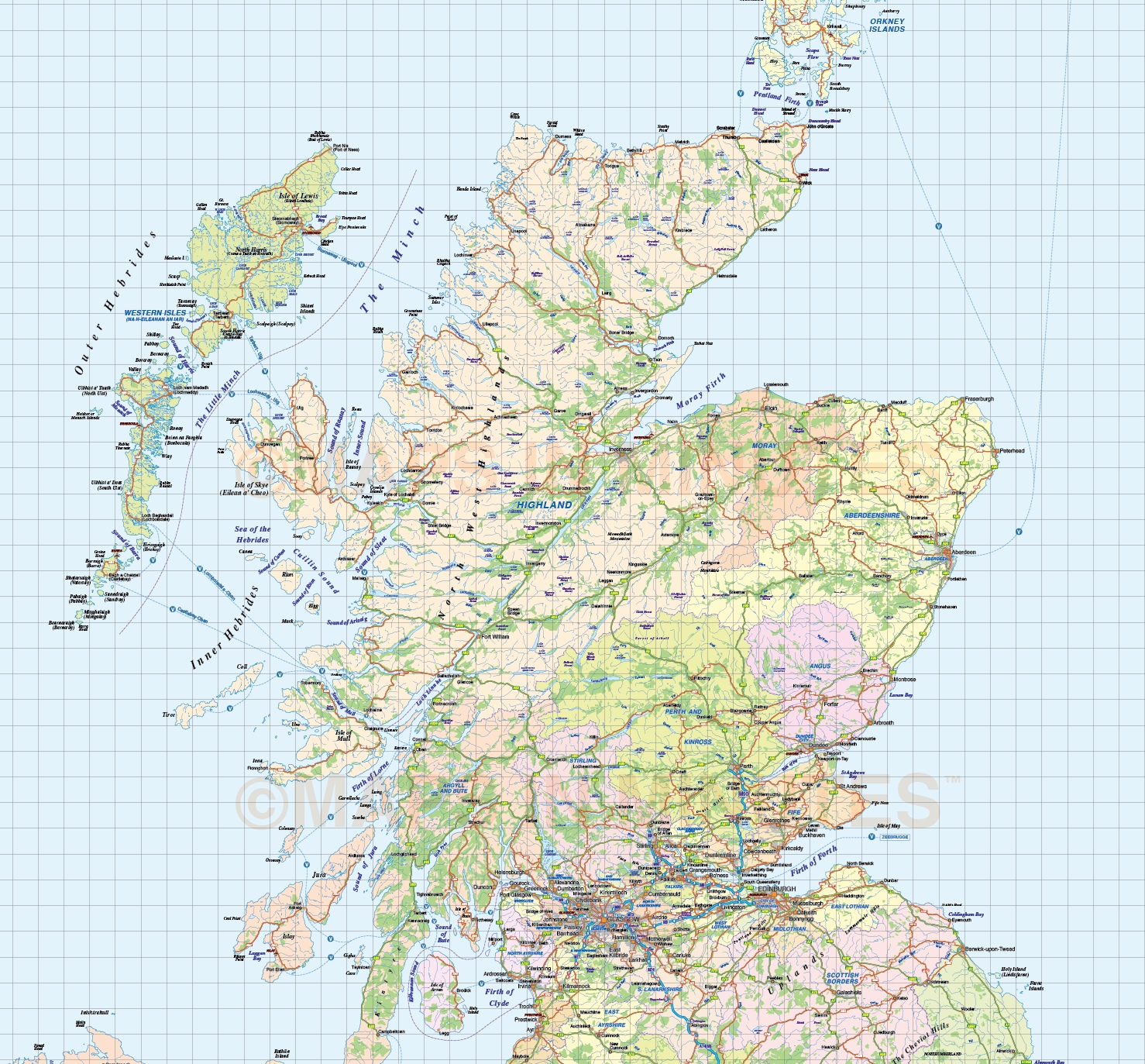 British Isles 1st level Road & Rail map @1m scale with Regular Relief