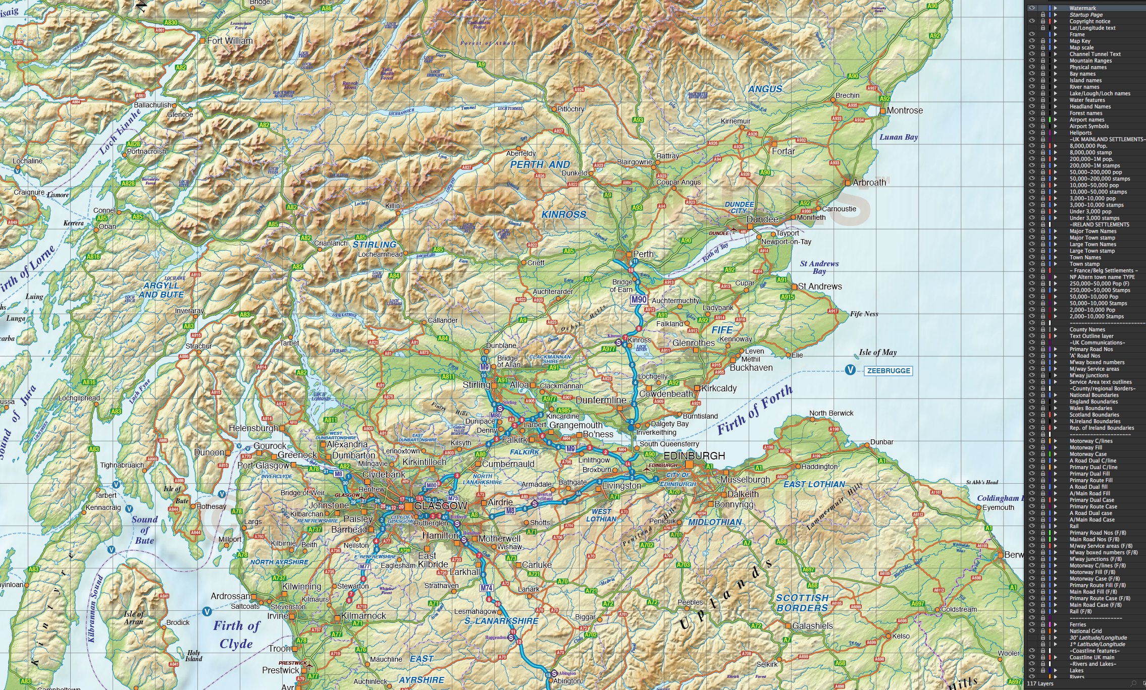 British Isles 1st level Road & Rail map @1m scale with Regular Relief