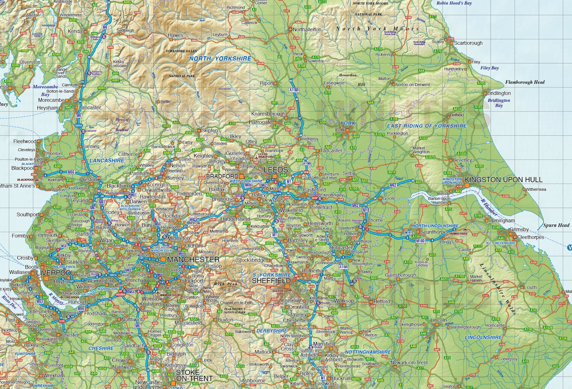 British Isles 1st level Road & Rail map @1m scale with Regular Relief
