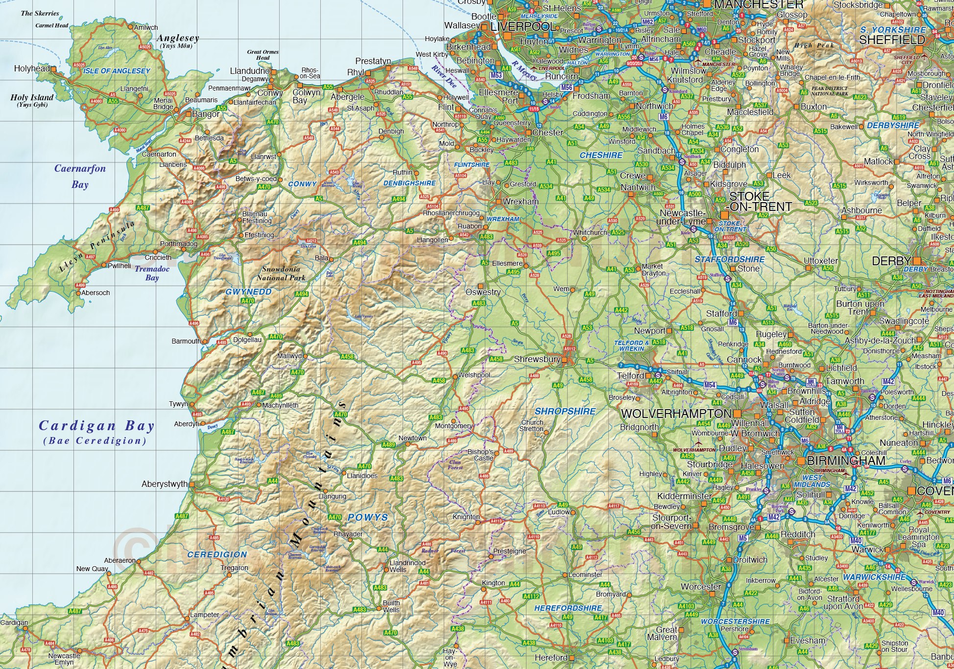 British Isles 1st level Road & Rail map @1m scale with Regular Relief