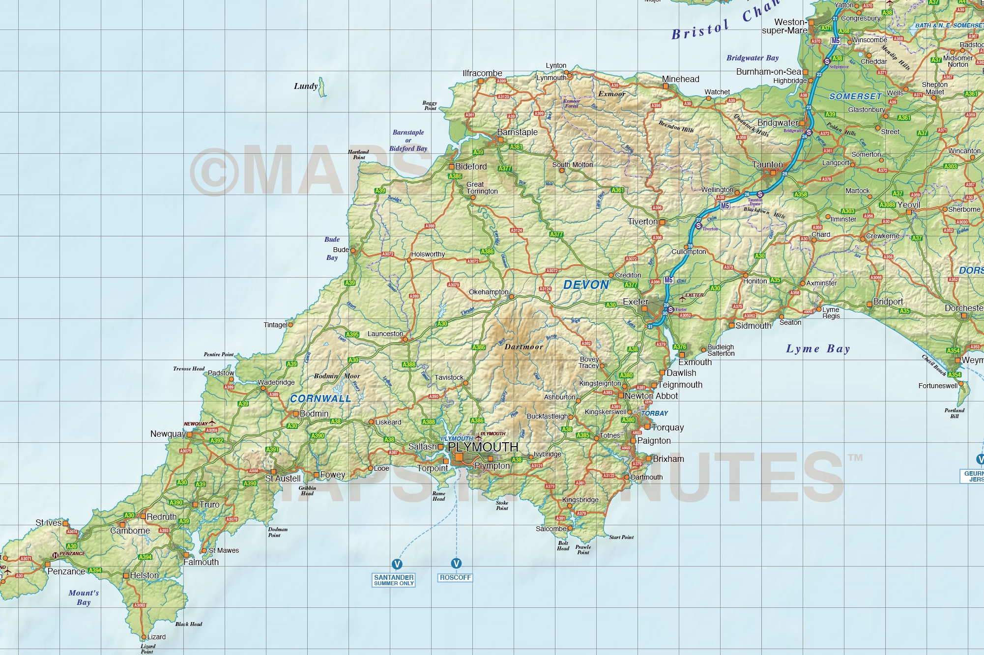 British Isles 1st level Road & Rail map @1m scale with Regular Relief