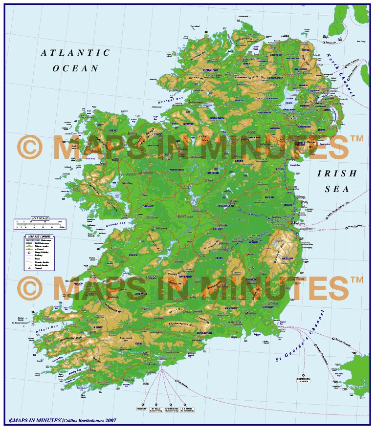 MIM Ireland Counties Map with Roads & vector contours @ 1/1,000,000 scale