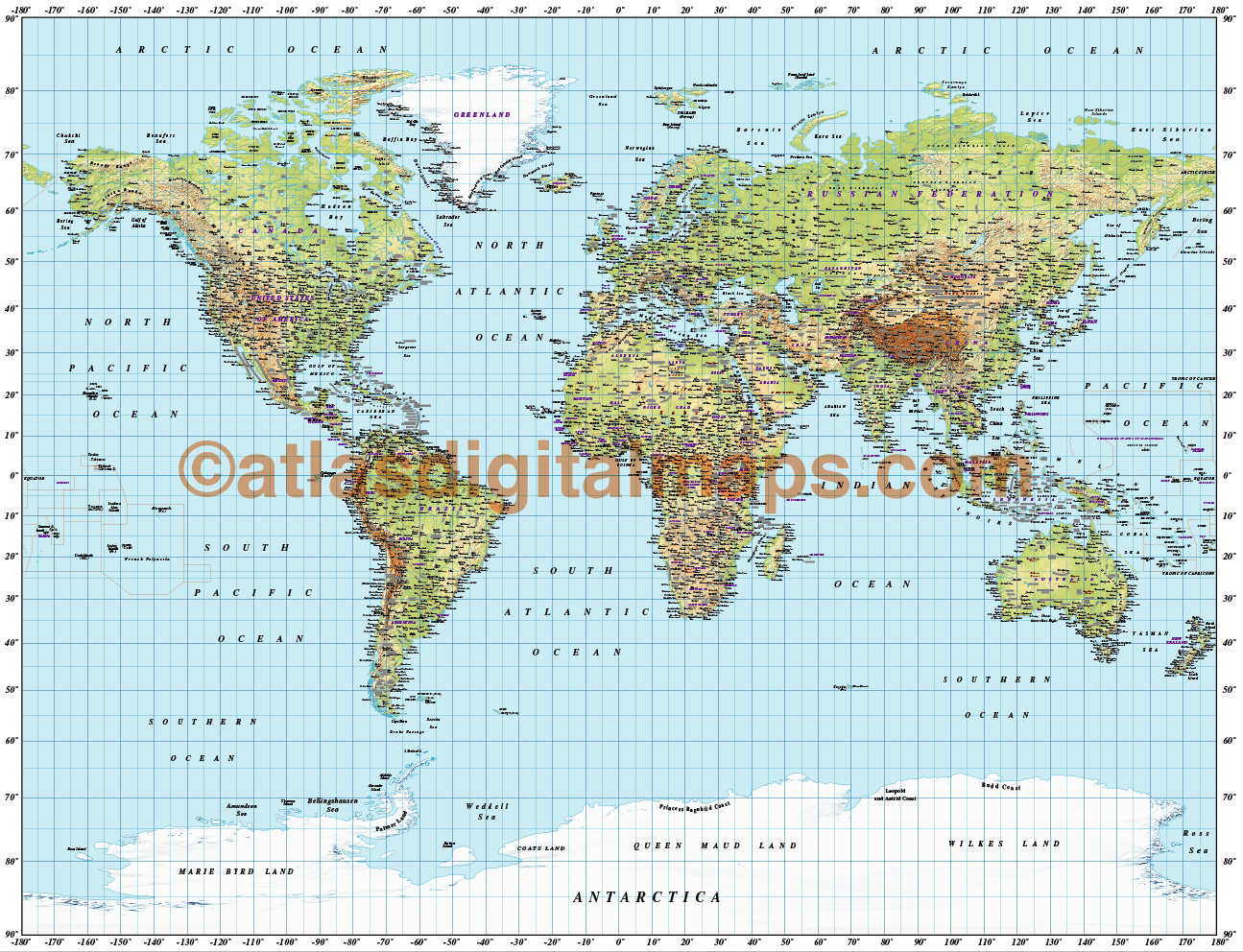 Gall World Political Vector plus Relief Map Light colouring - Medium ...