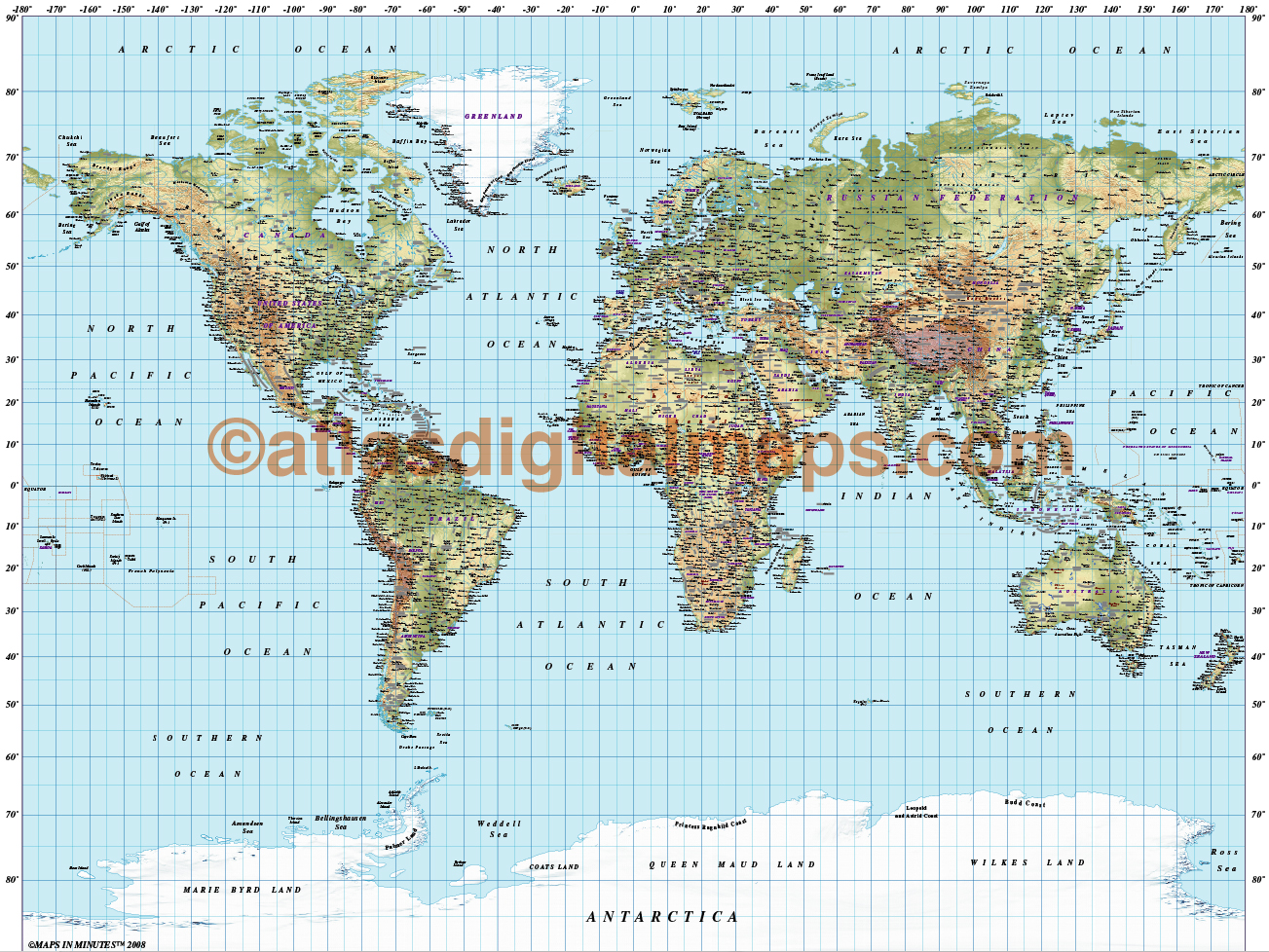 Gall World Political Relief Map in Medium colours