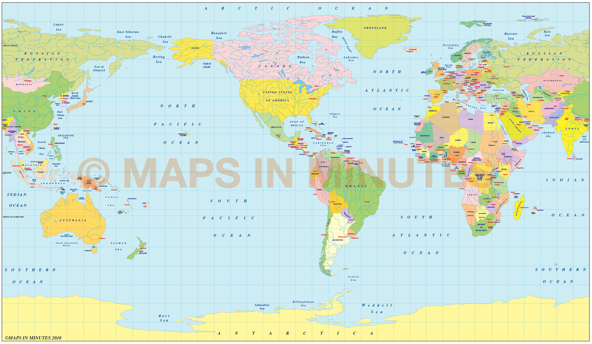 Vector World Political Map in the Equirectangular projection, US ...