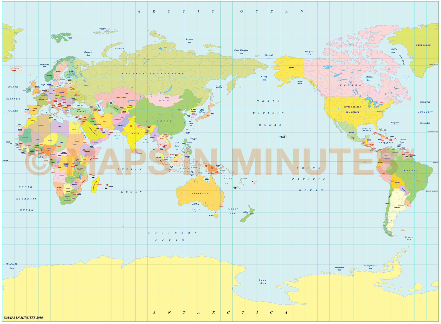 Vector world map, Miller Projection Political map small scale Japan ...