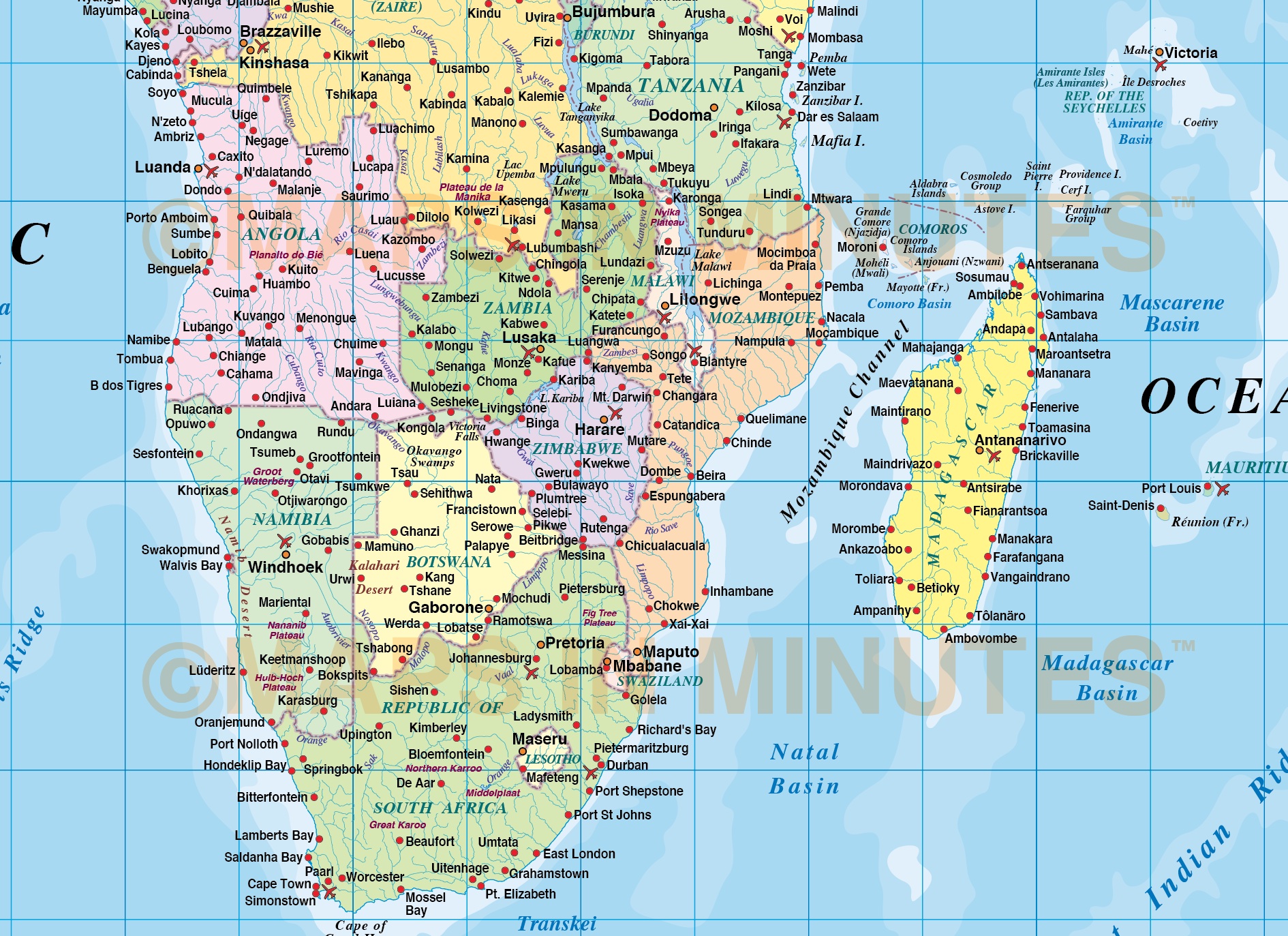 Digital vector map of Africa region, political with Ocean contours, in ...