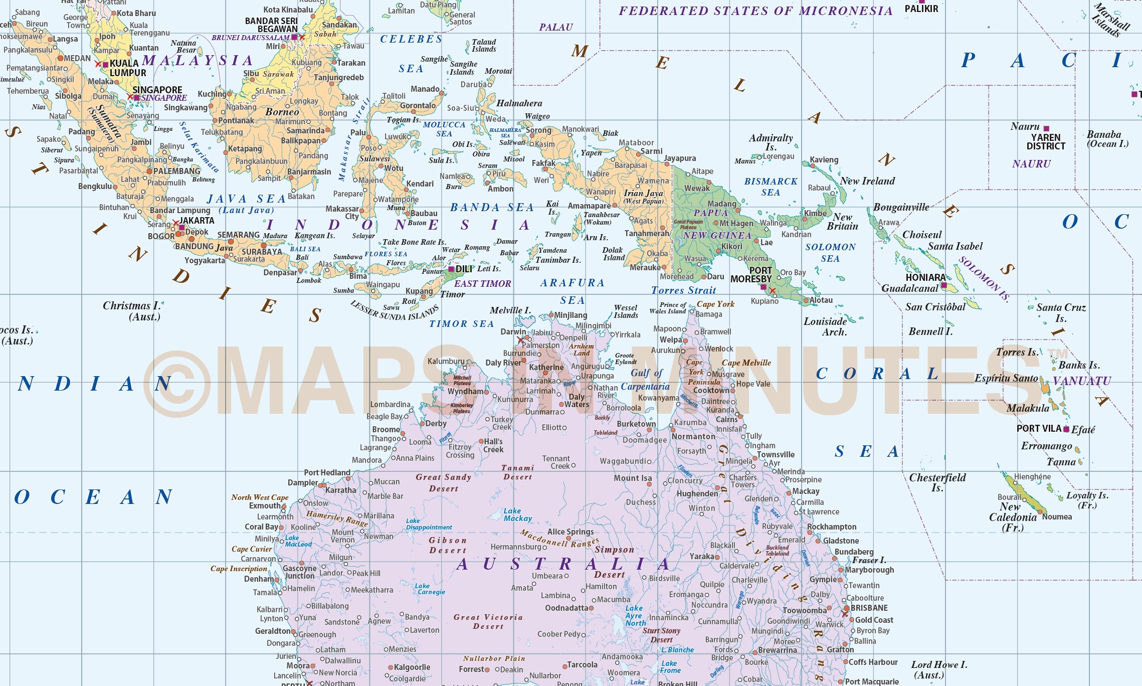 Digital vector Australasia map, basic Region Country map @10m scale in ...
