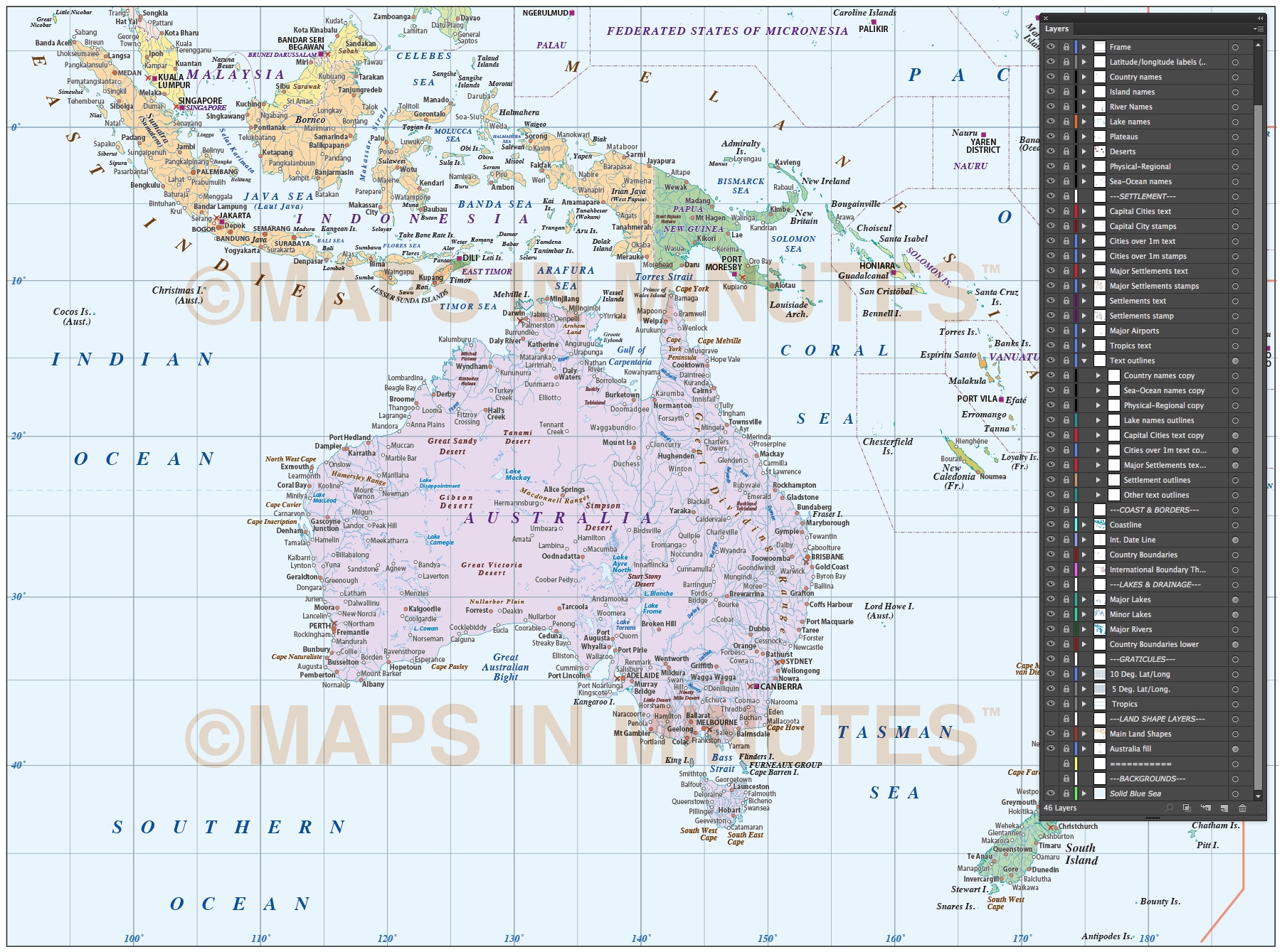 Digital vector Australasia map, basic Region Country map @10m scale in ...