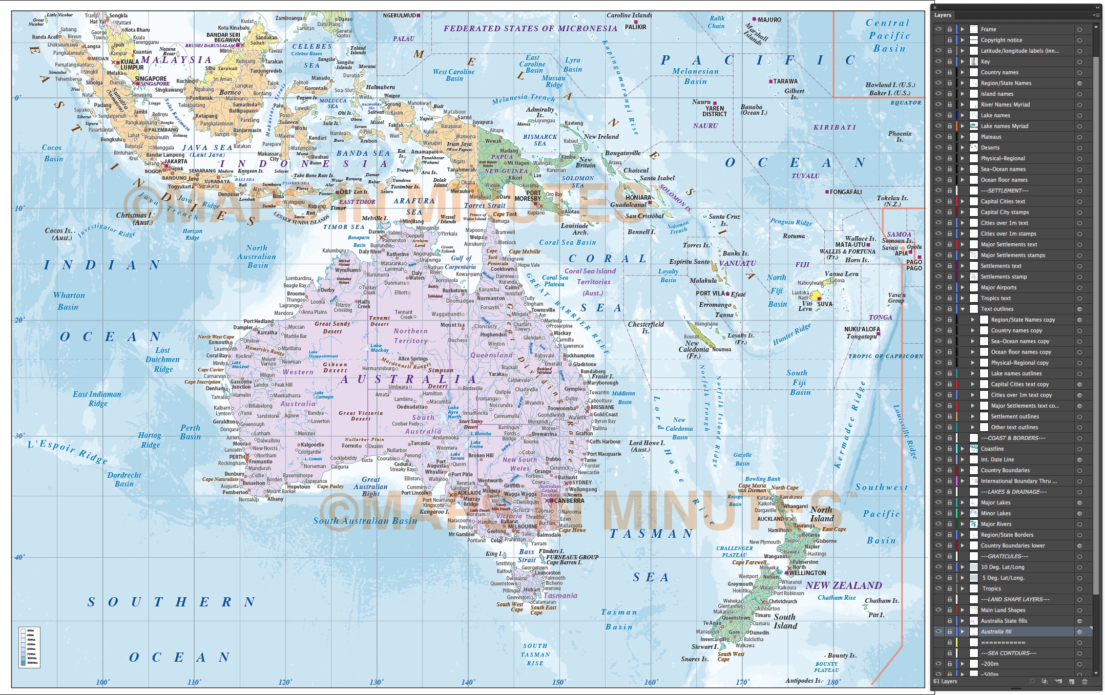 Digital vector map of Australasia region, political with Ocean contours ...