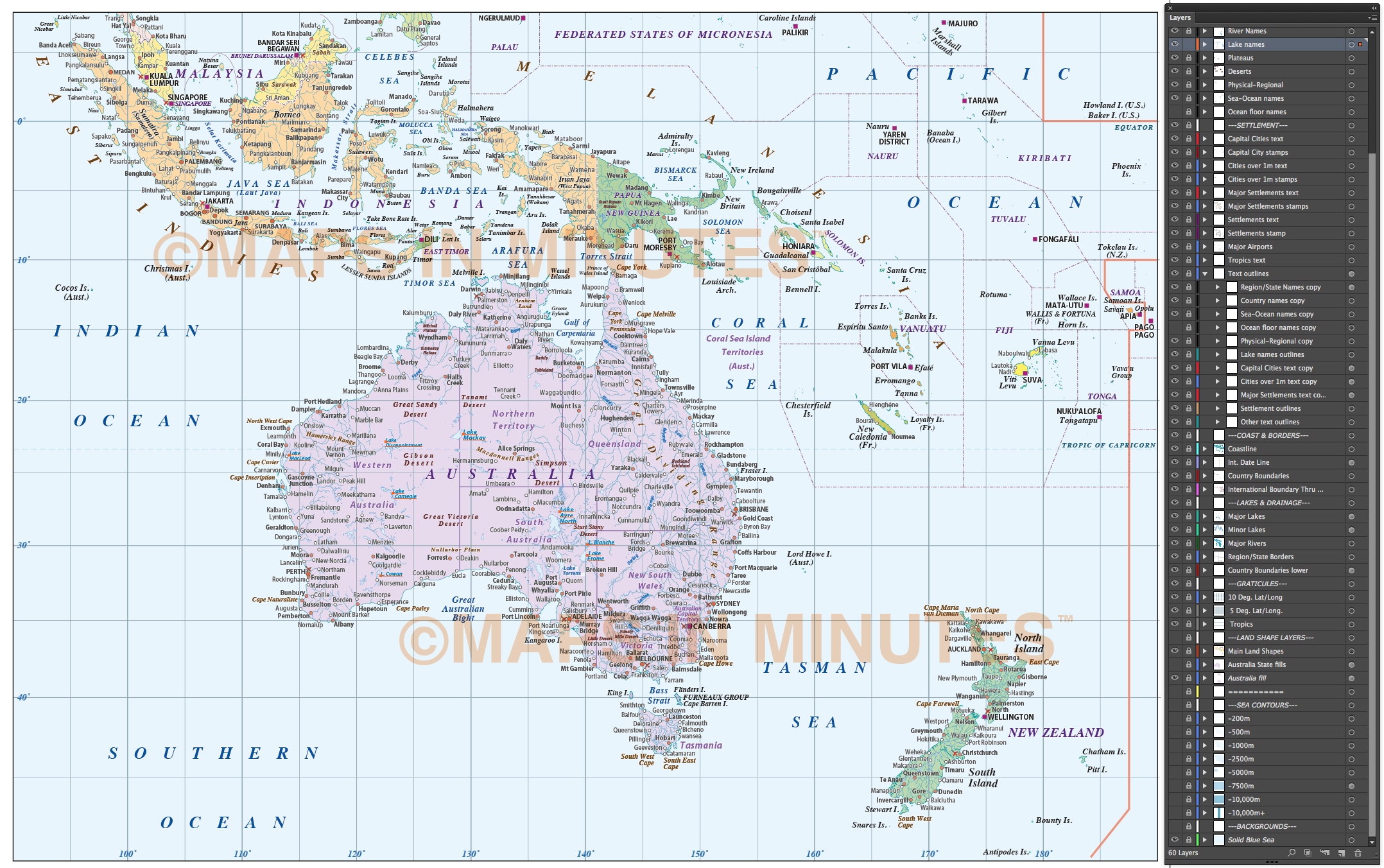 Digital vector map of Australasia region, political with Ocean contours ...