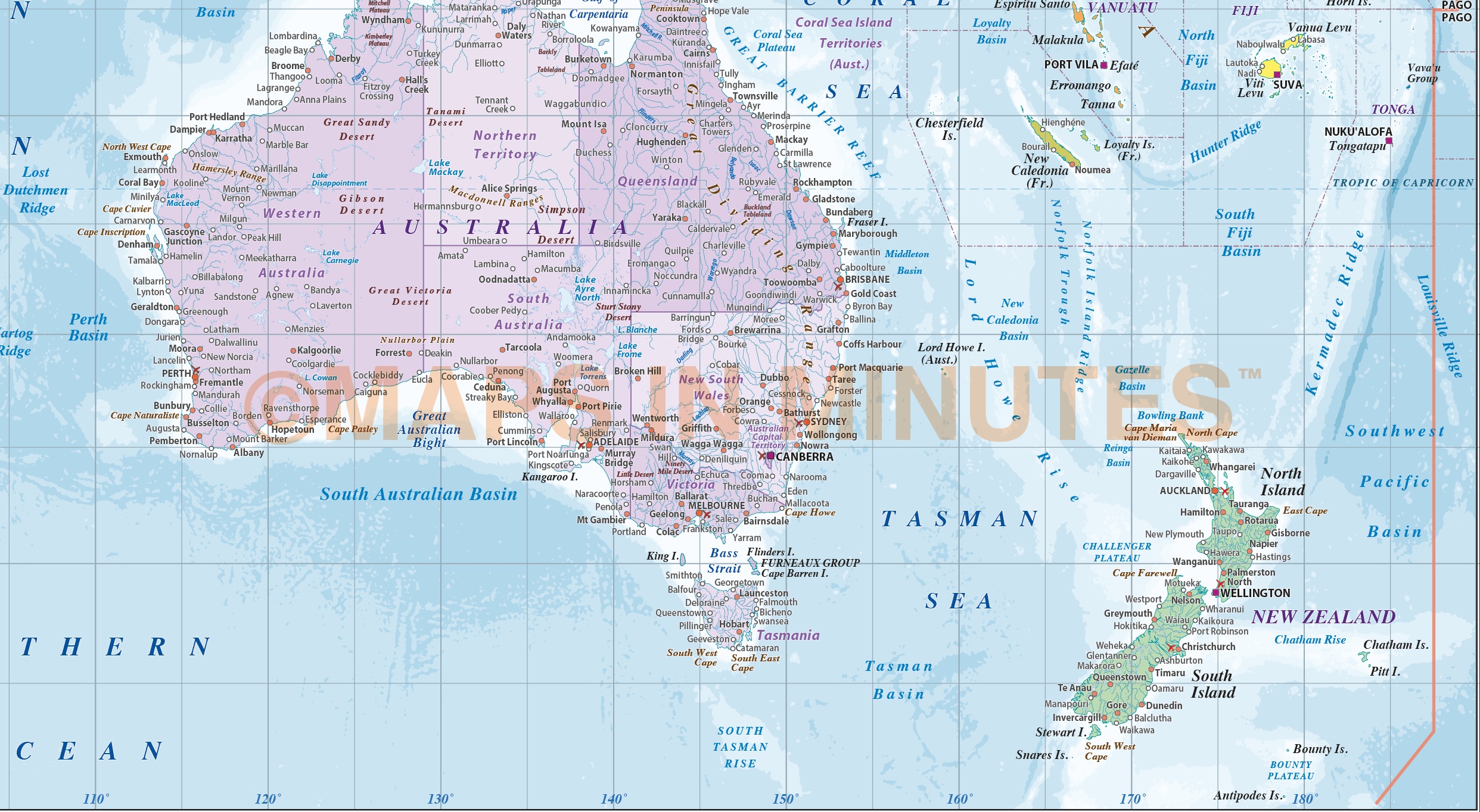 Digital vector map of Australasia region, political with Ocean contours ...