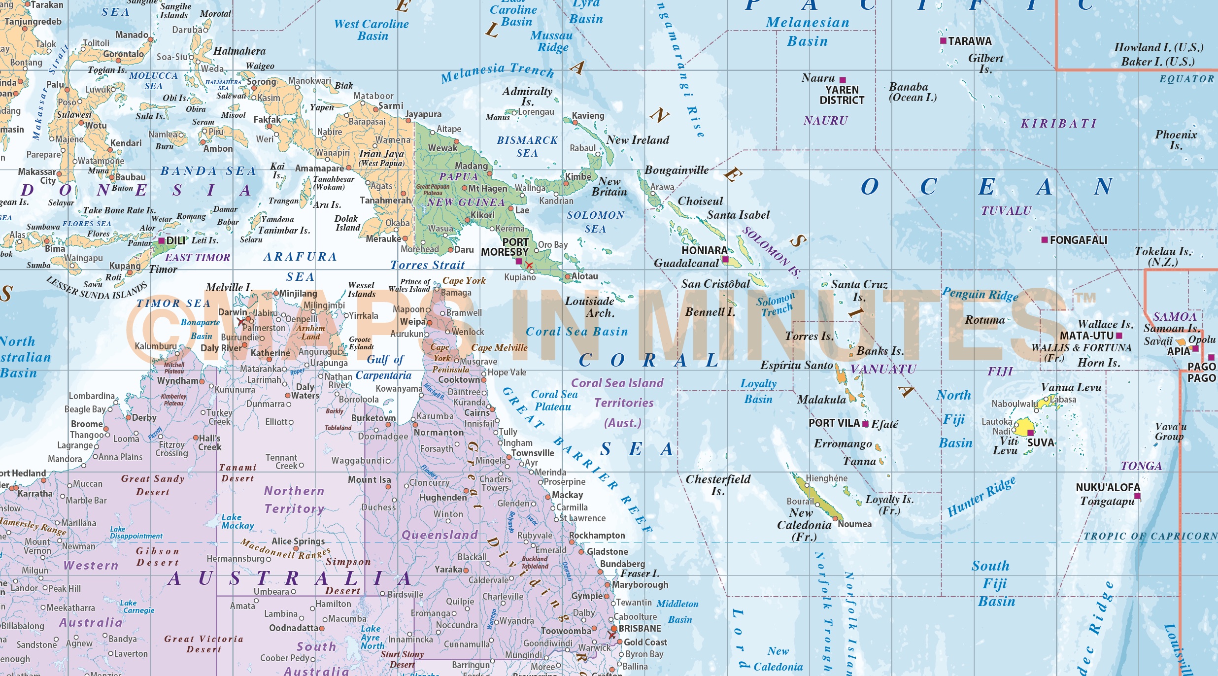 Digital vector map of Australasia region, political with Ocean contours ...