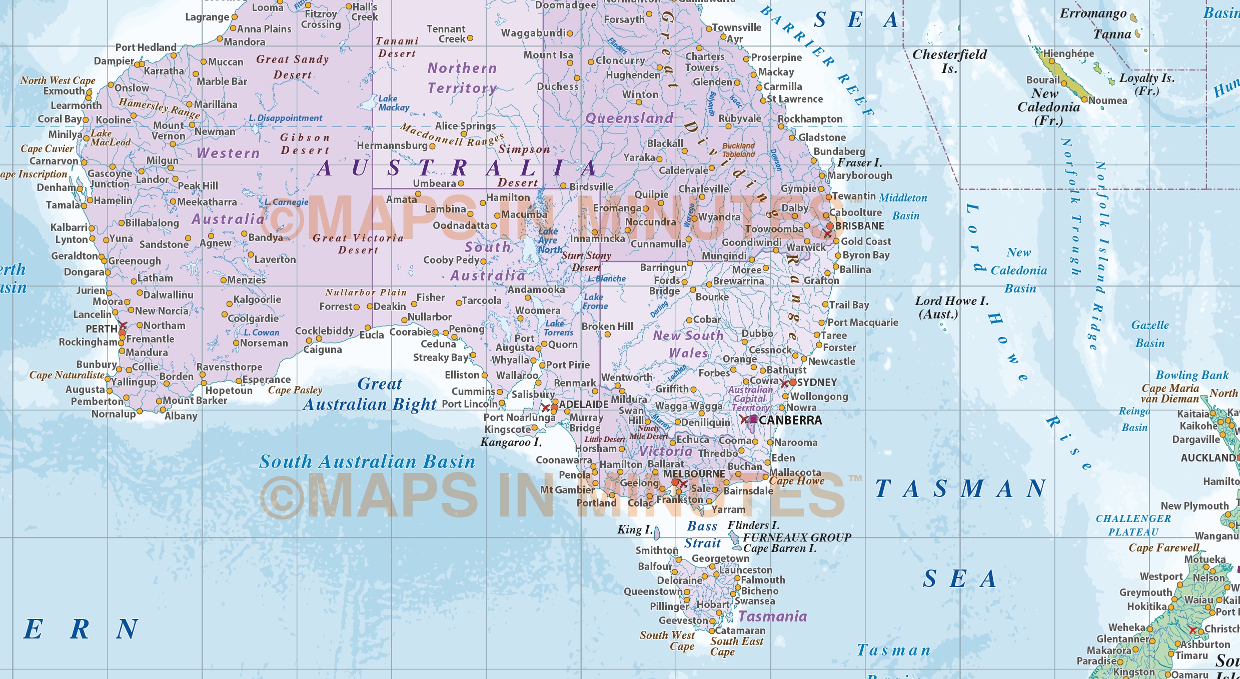 Digital vector map of Australasia region, political with Ocean contours ...