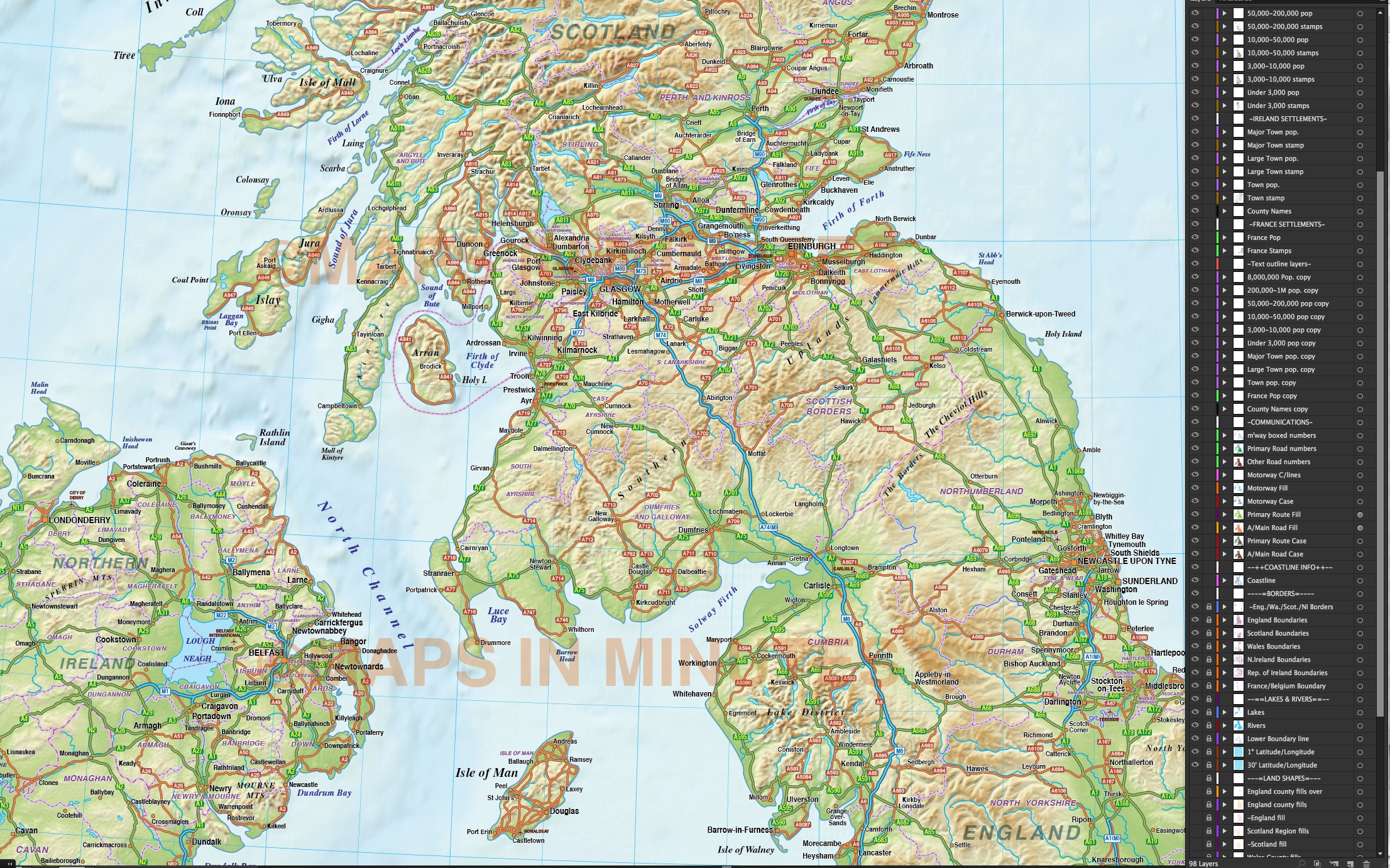 British Isles Map Illustrator AI format. County and Road map with ...