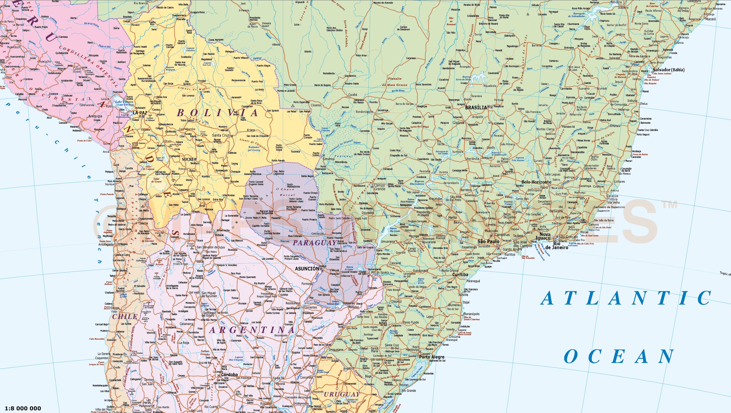 Brazil Deluxe Political Road & Rail Map plus land and sea floor relief ...