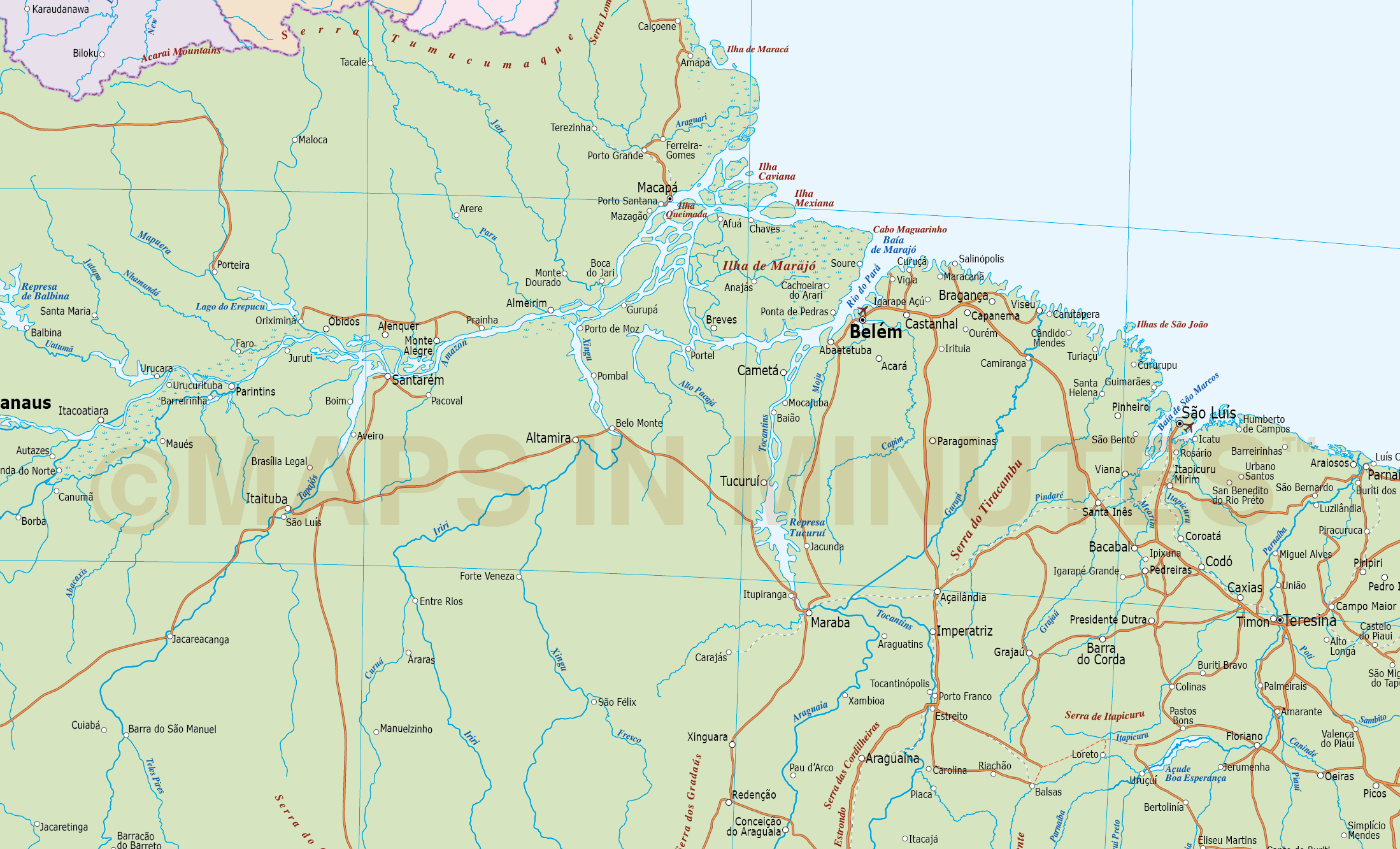 Brazil Deluxe Political Road & Rail Map plus land and sea floor relief ...
