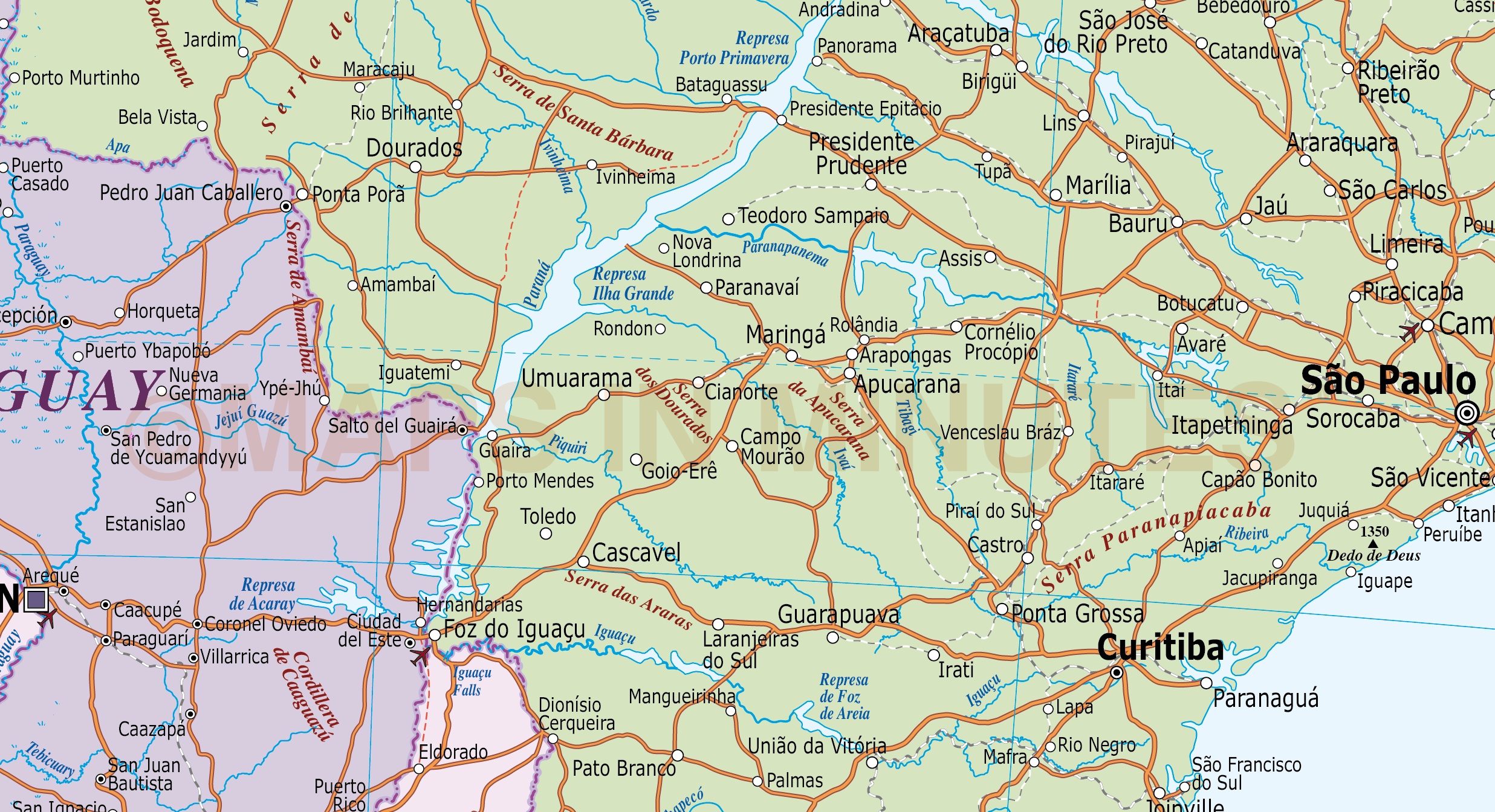 Brazil Deluxe Political Road & Rail Map plus land and sea floor relief ...