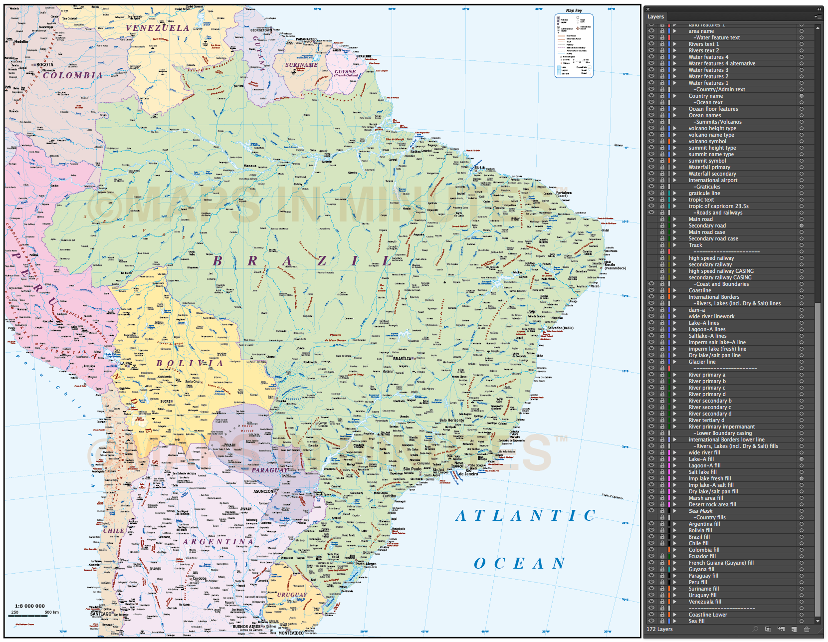 Brazil Deluxe Political Road & Rail Map plus land and sea floor relief ...