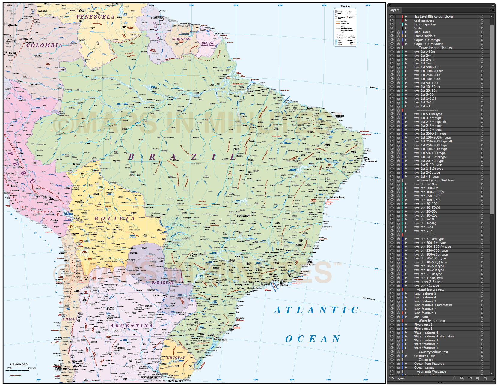 Brazil Deluxe Political Road & Rail Map plus land and sea floor relief ...