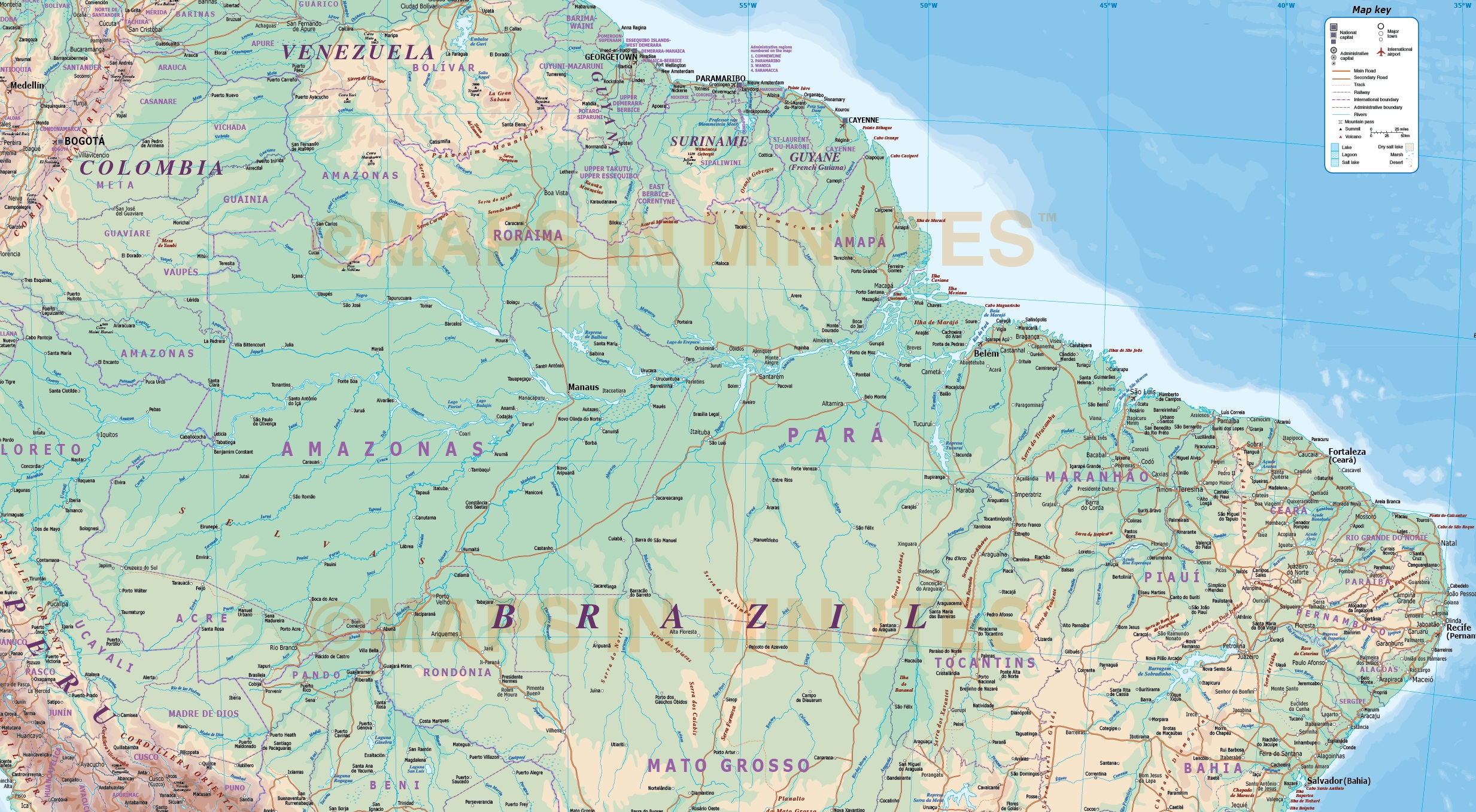 Digital vector Brazil Deluxe Political Road & Rail Map plus land and ...