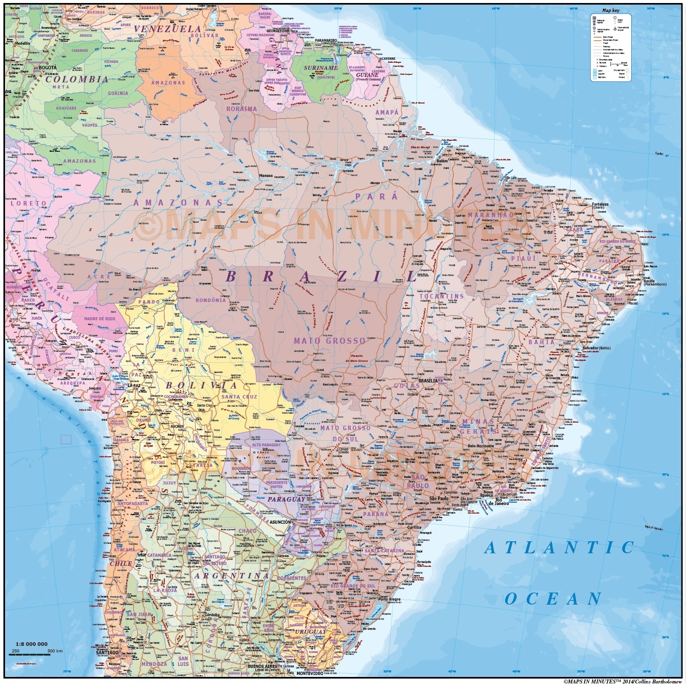 Digital vector Brazil Deluxe Political Road & Rail Map plus land and ...