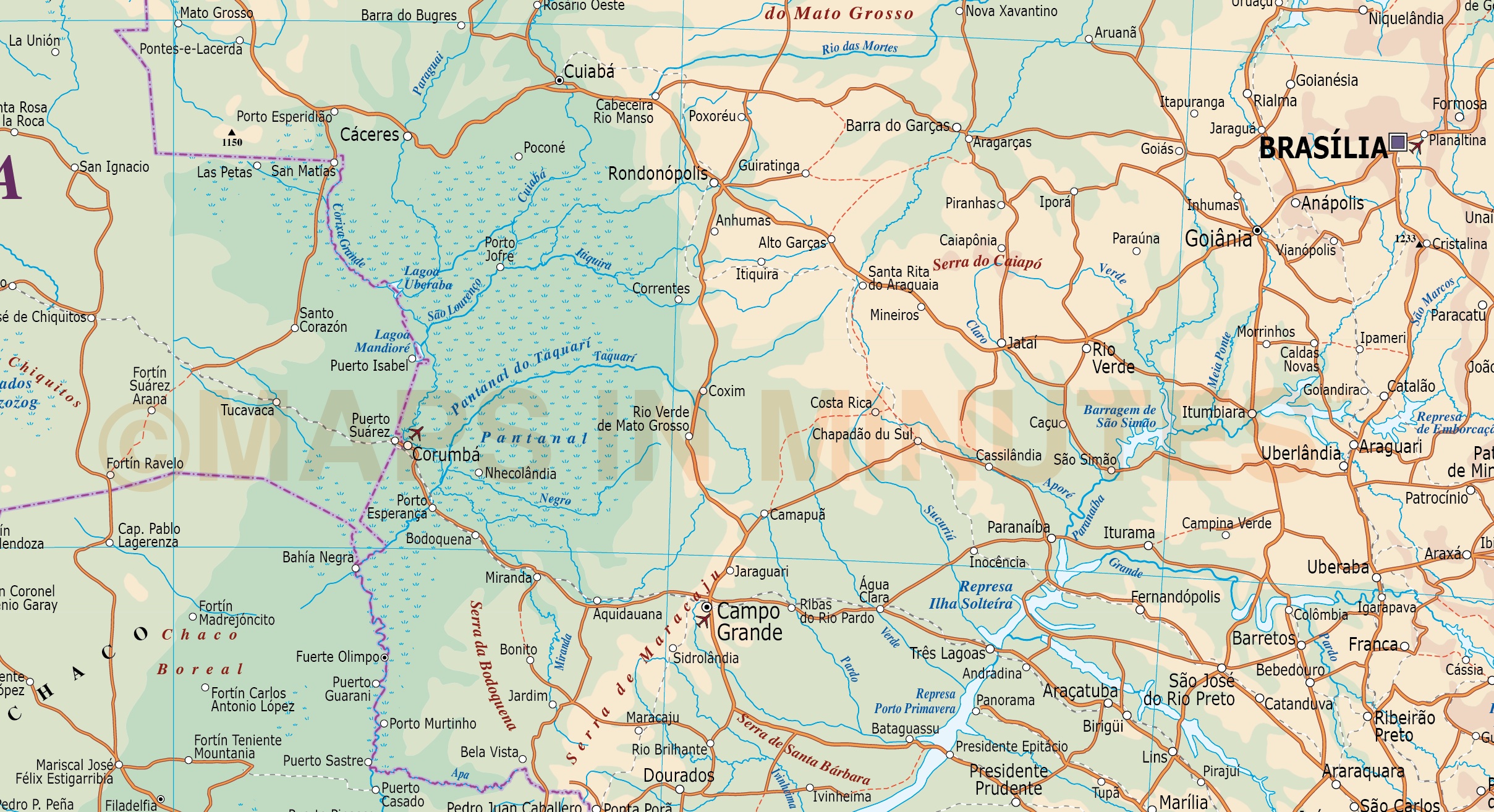 Digital vector Brazil Deluxe Road & Rail Map plus land and sea floor ...