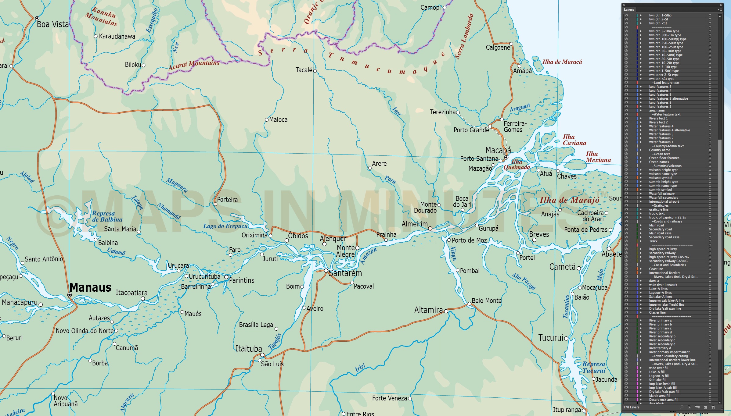 Digital vector Brazil Deluxe Road & Rail Map plus land and sea floor ...