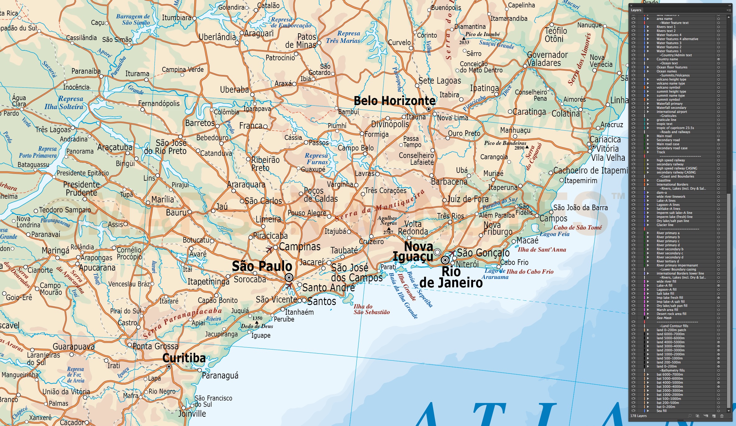 Digital vector Brazil Deluxe Road & Rail Map plus land and sea floor ...