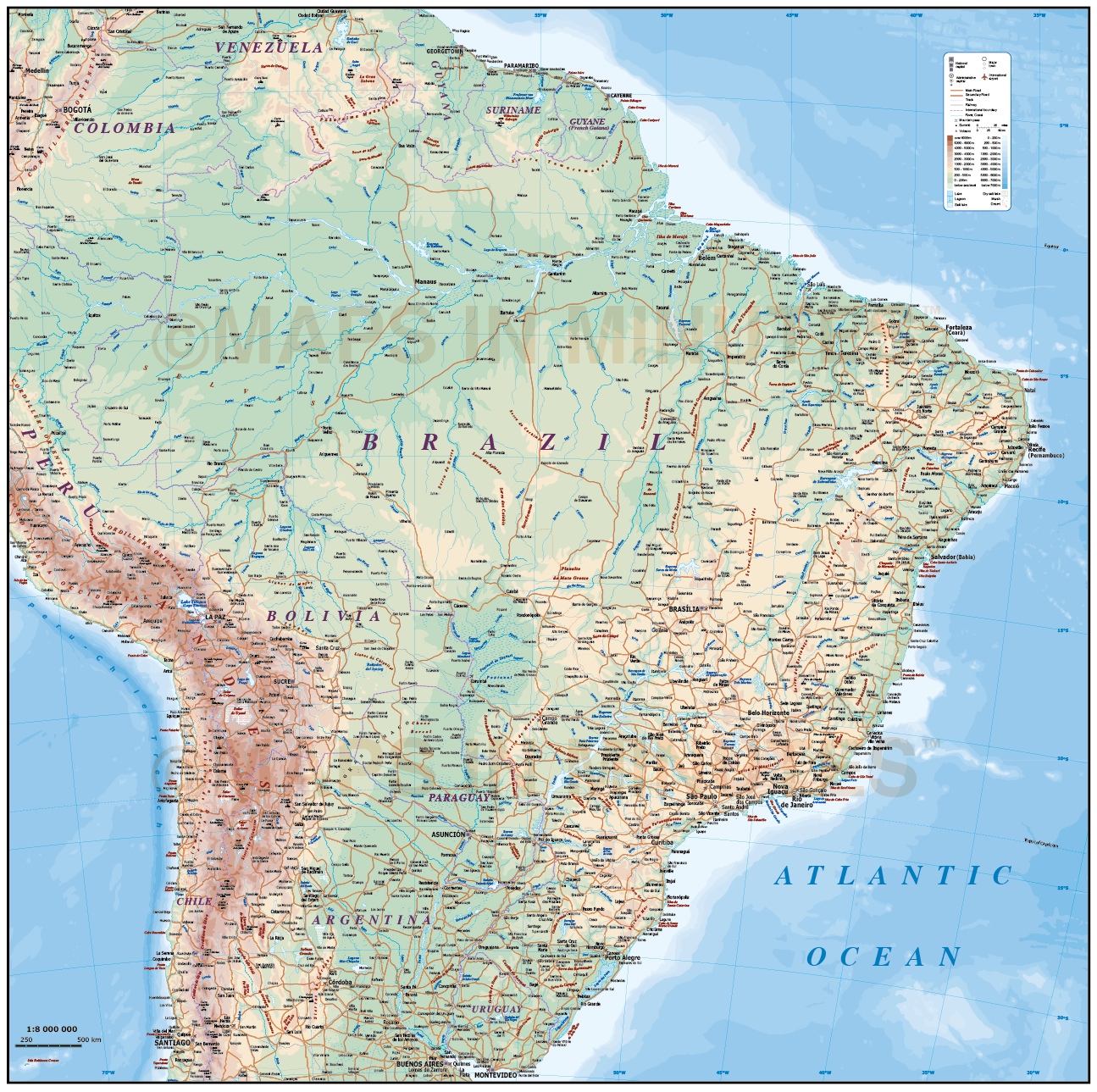 Digital vector Brazil Deluxe Road & Rail Map plus land and sea floor ...