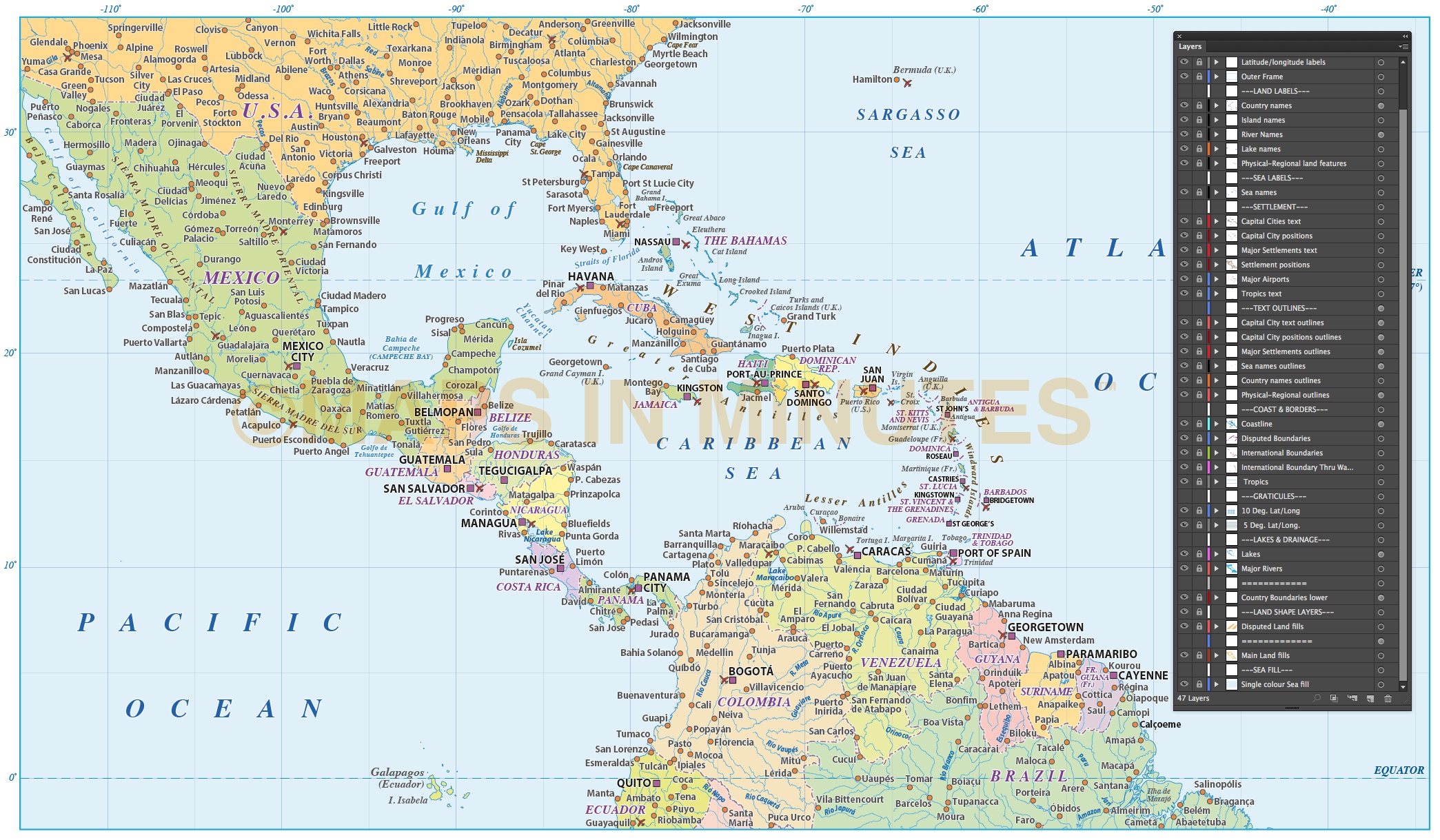 Central America & Caribbean Basic Political Map @10m scale in ...