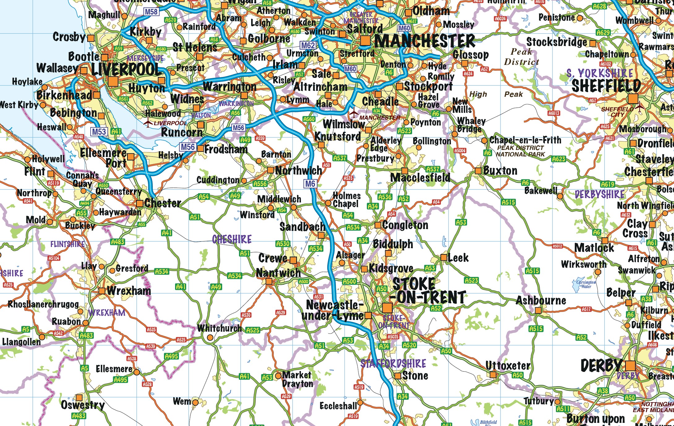 Central england county road and rail map with regular colour relief ...