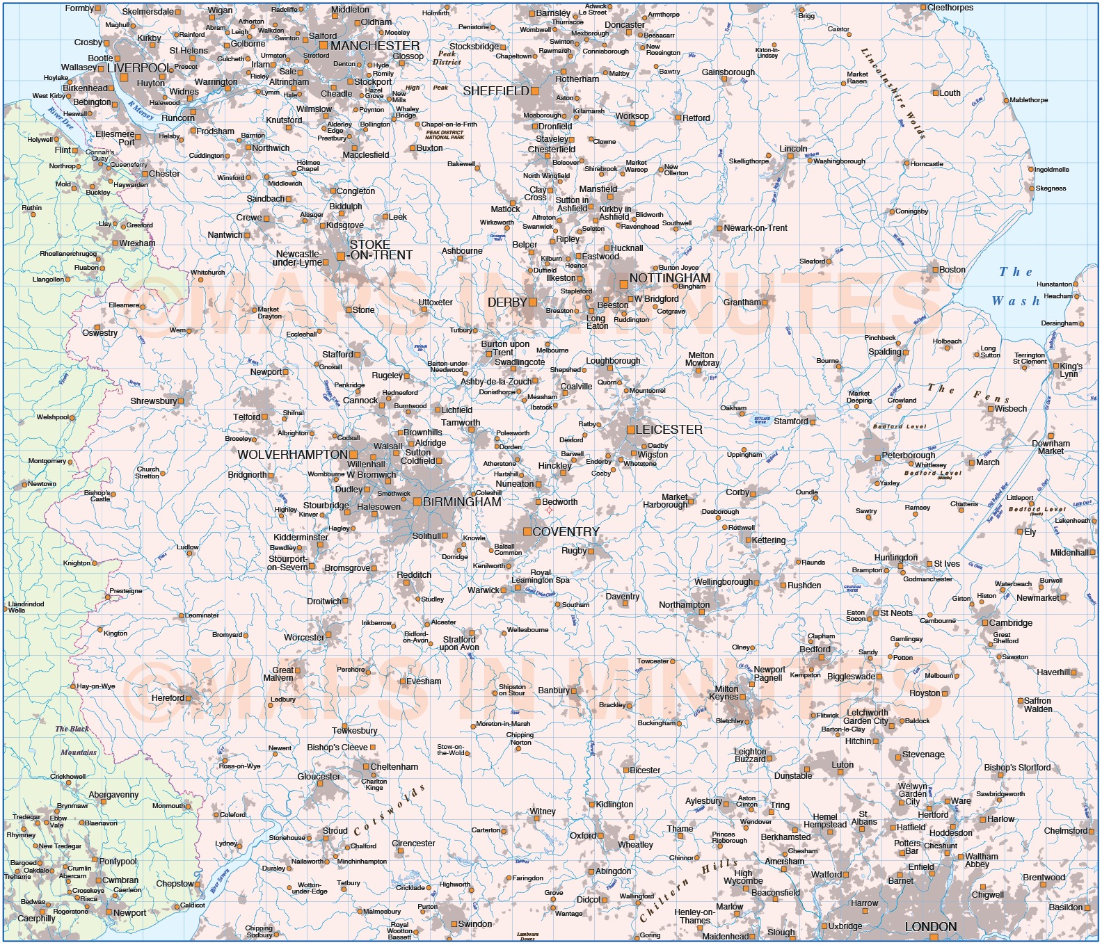 Central England Basic Map @1,000,000 scale in Illustrator and PDF formats