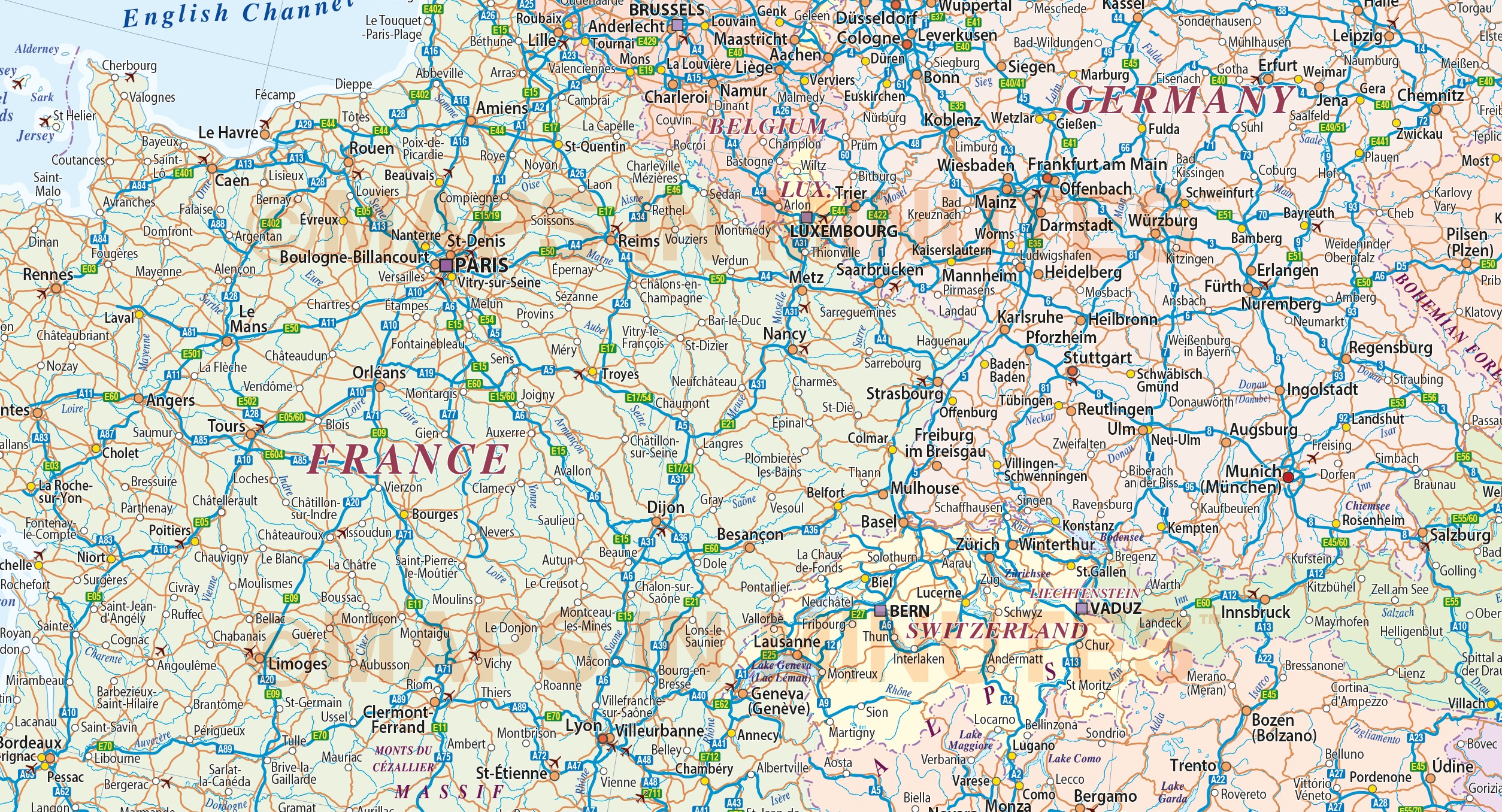 Central Europe Political Country vector map with roads fully layered in ...