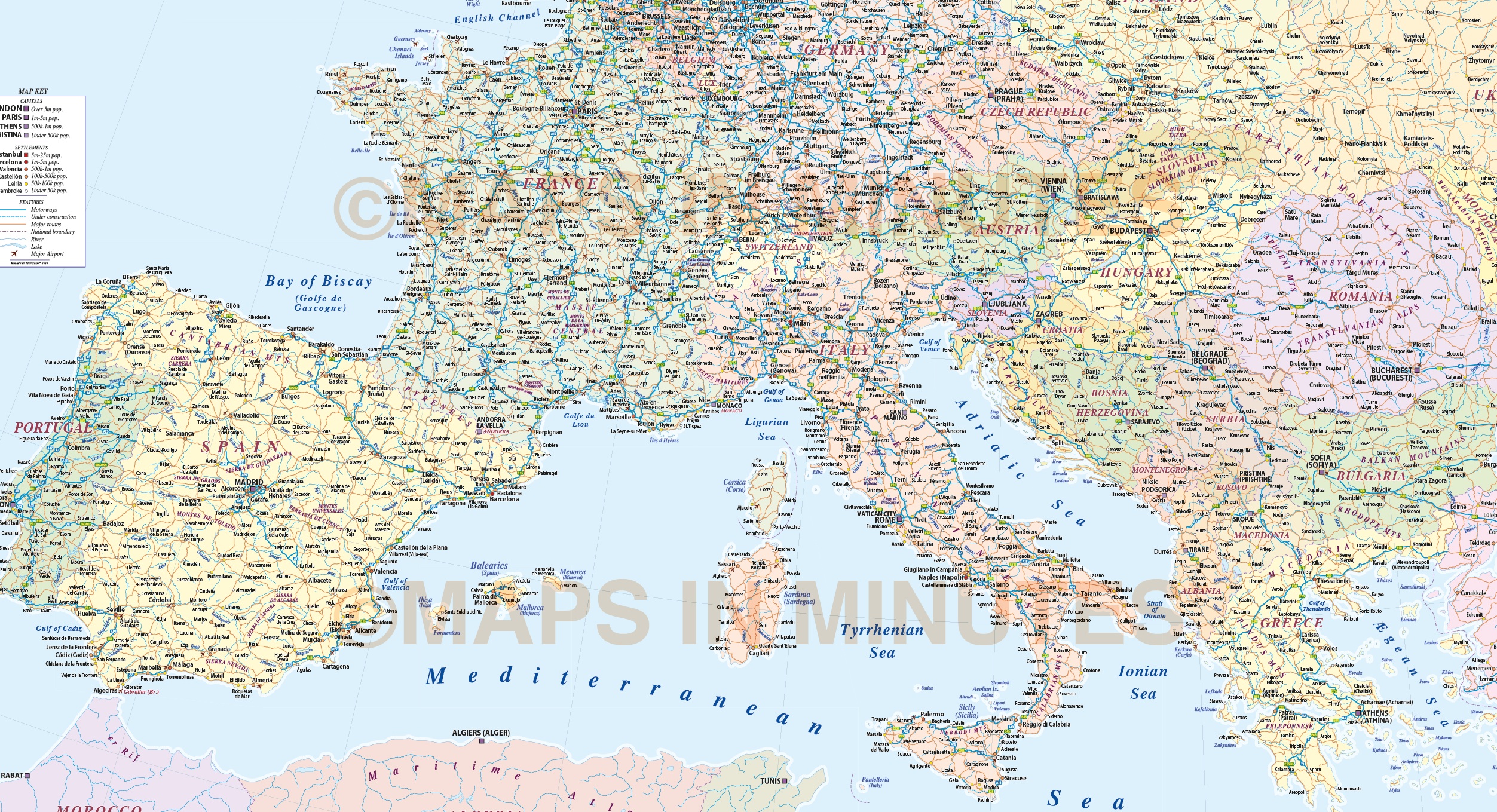 Central Europe Political Country vector map with roads fully layered in ...