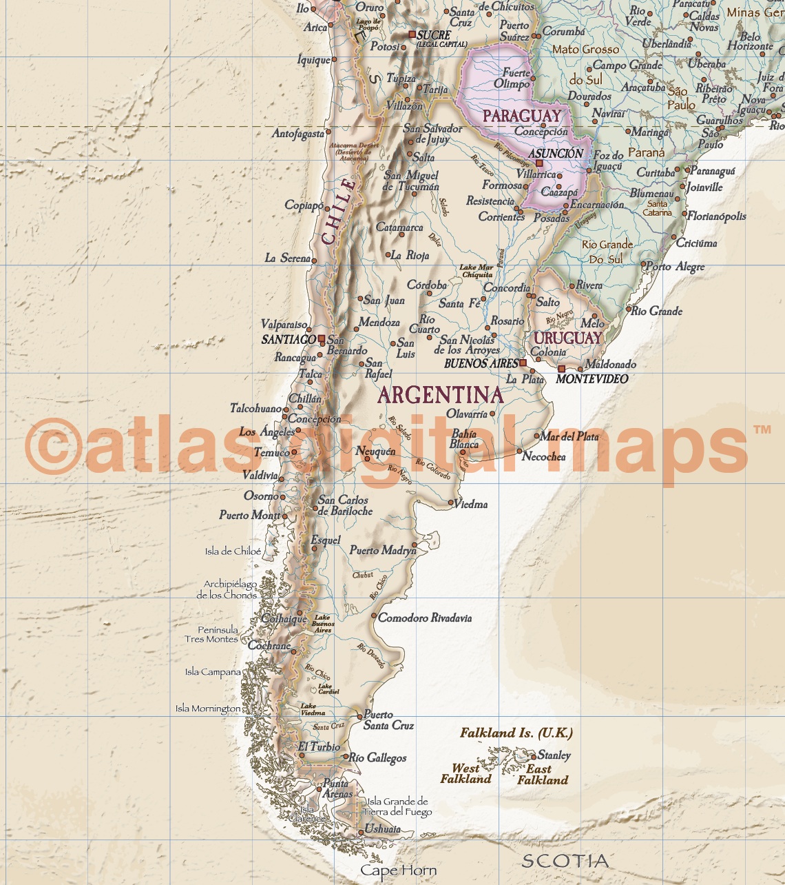 Rolleded CANVAS Classic Land & Cream Ocean Physical Map - Large 60"w x 38"d