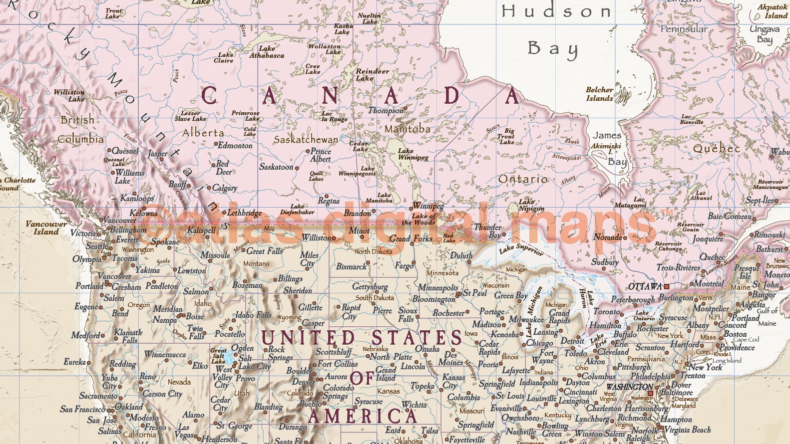 Rolleded CANVAS Classic Land & Cream Ocean Physical Map - Large 60"w x 38"d