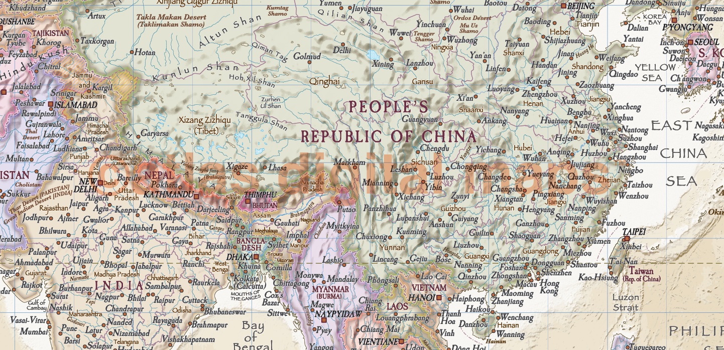 Rolleded CANVAS Classic Land & Cream Ocean Physical Map - Large 60"w x 38"d