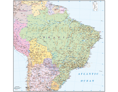 Brazil Deluxe Political Road & Rail Map plus land and sea floor relief ...