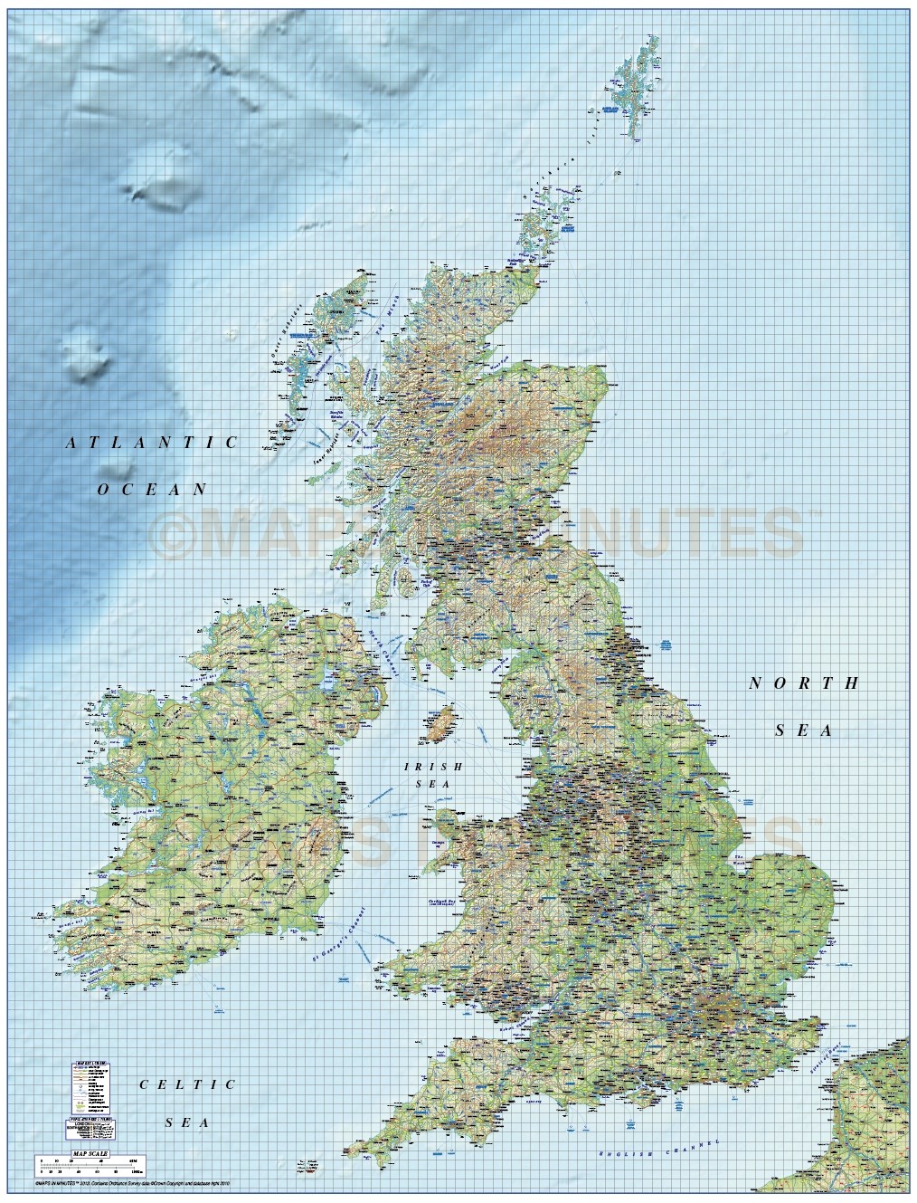British Isles 1st level Road & Rail map @1m scale with Regular Relief