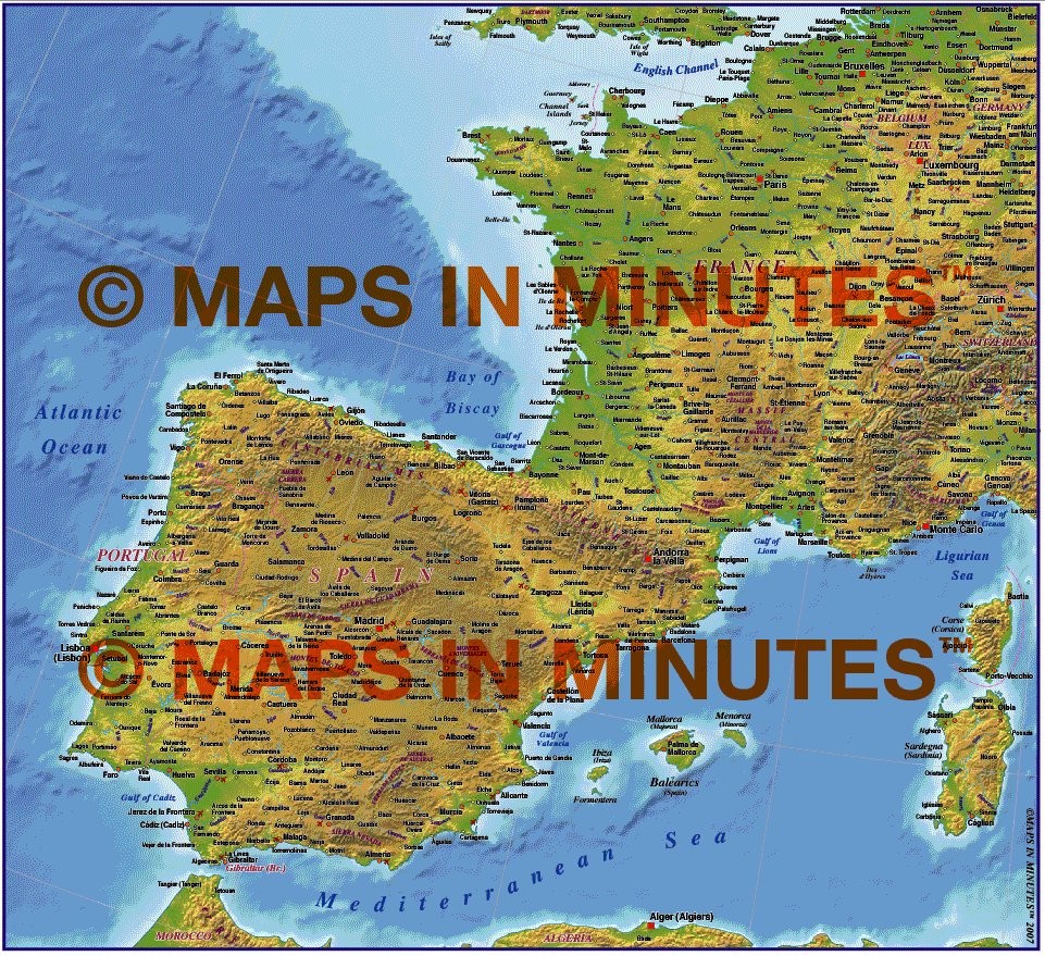 iberia/france 4m scale strong relief map