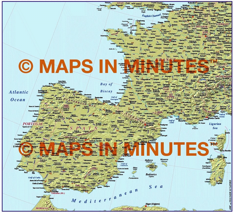 iberia/france 4m scale duocolour relief map