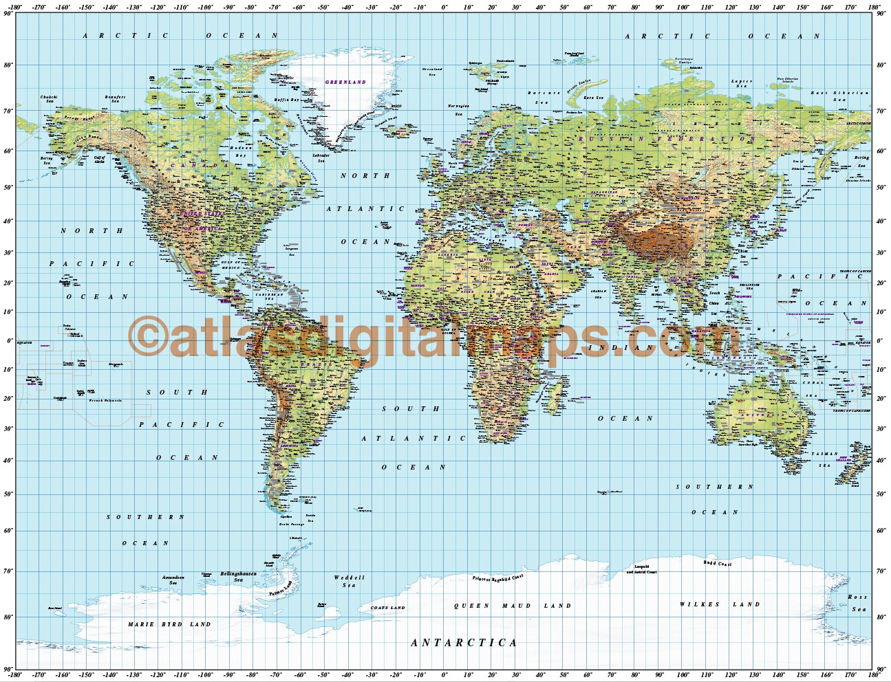 Gall World Political Vector plus Relief Map Light colouring - Medium ...