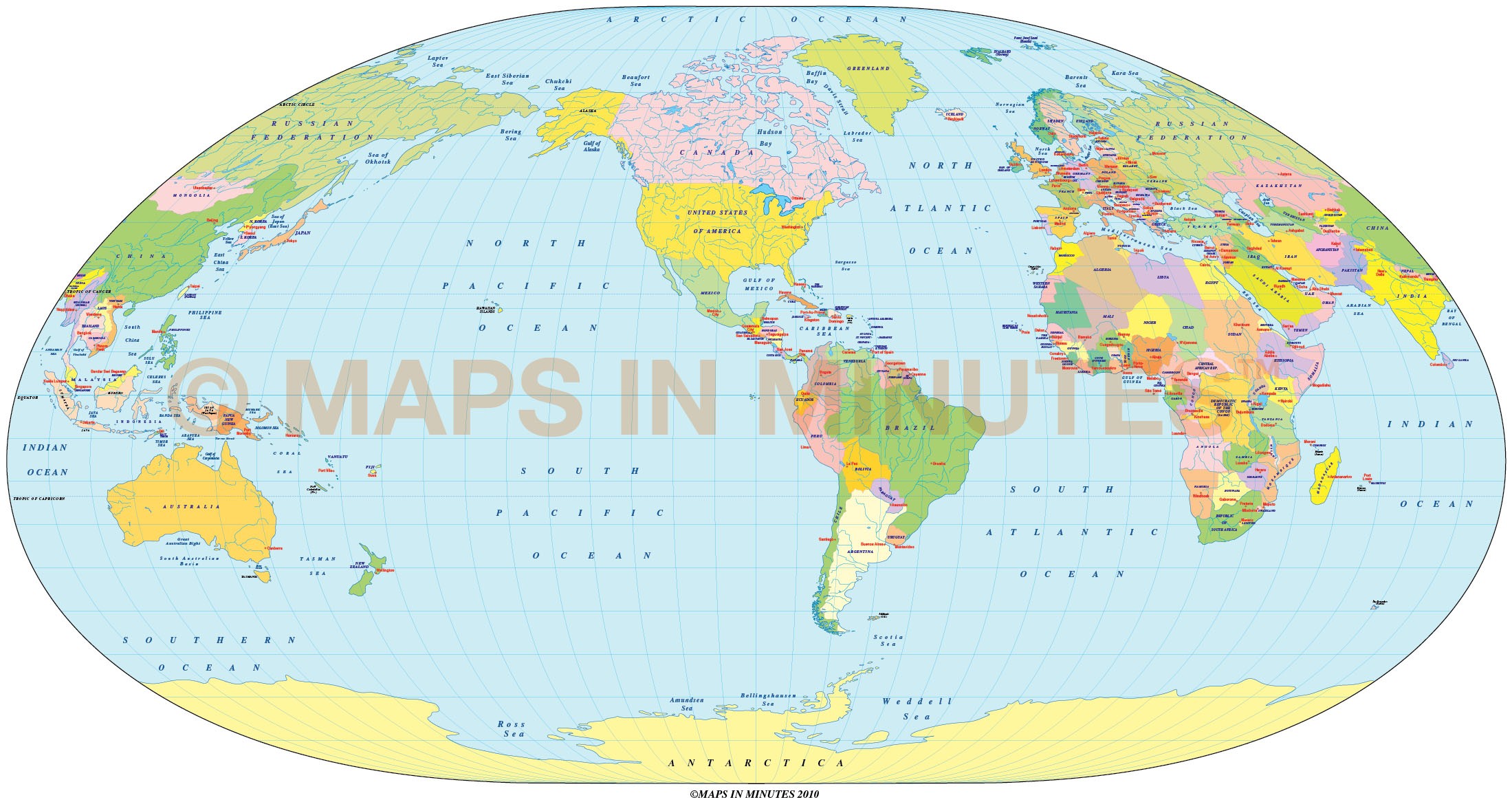 Digital vector World map, royalty free Loximuthal Projection Political ...