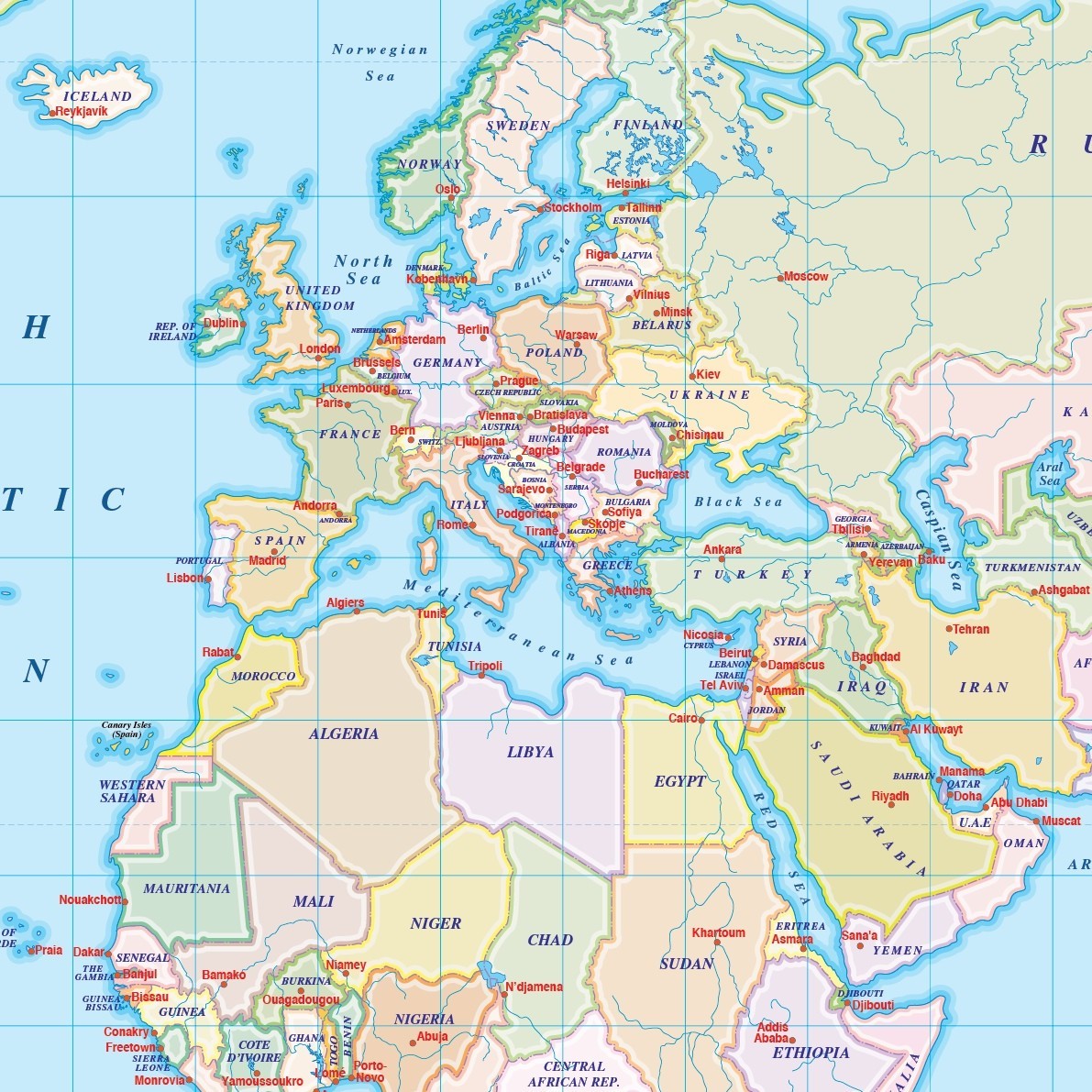 Vector world map, Gall Projection Political map small scale UK centric ...