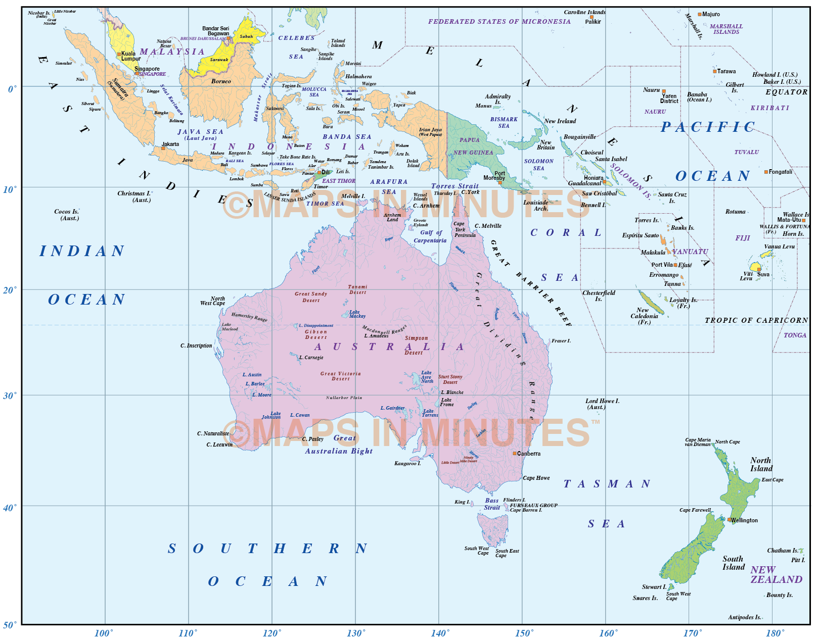 Digital vector Australasia Region Country Simple map @10,000,000 scale