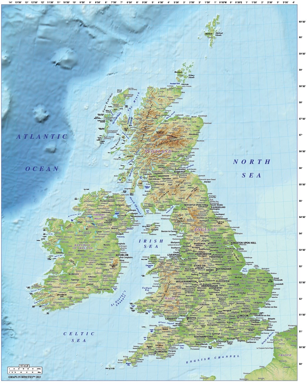 5M scale British Isles Country EZRead Medium Relief map